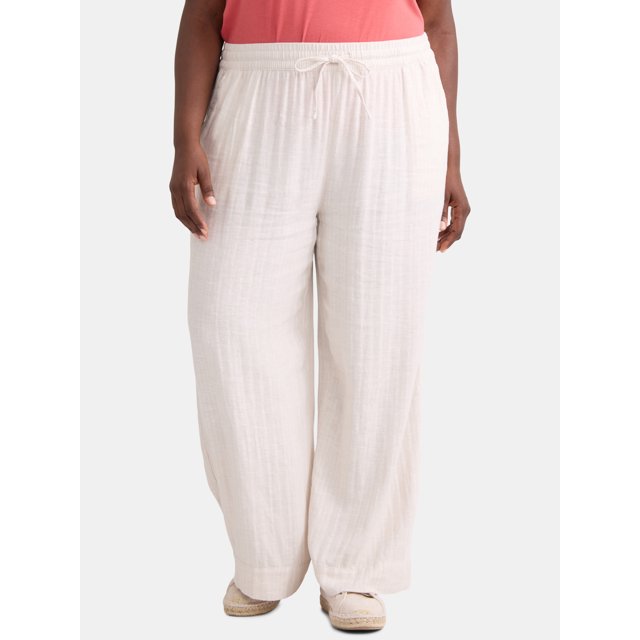Time and Tru Women's and Women's Plus Wide Leg Linen Blend Pants, 29 ...