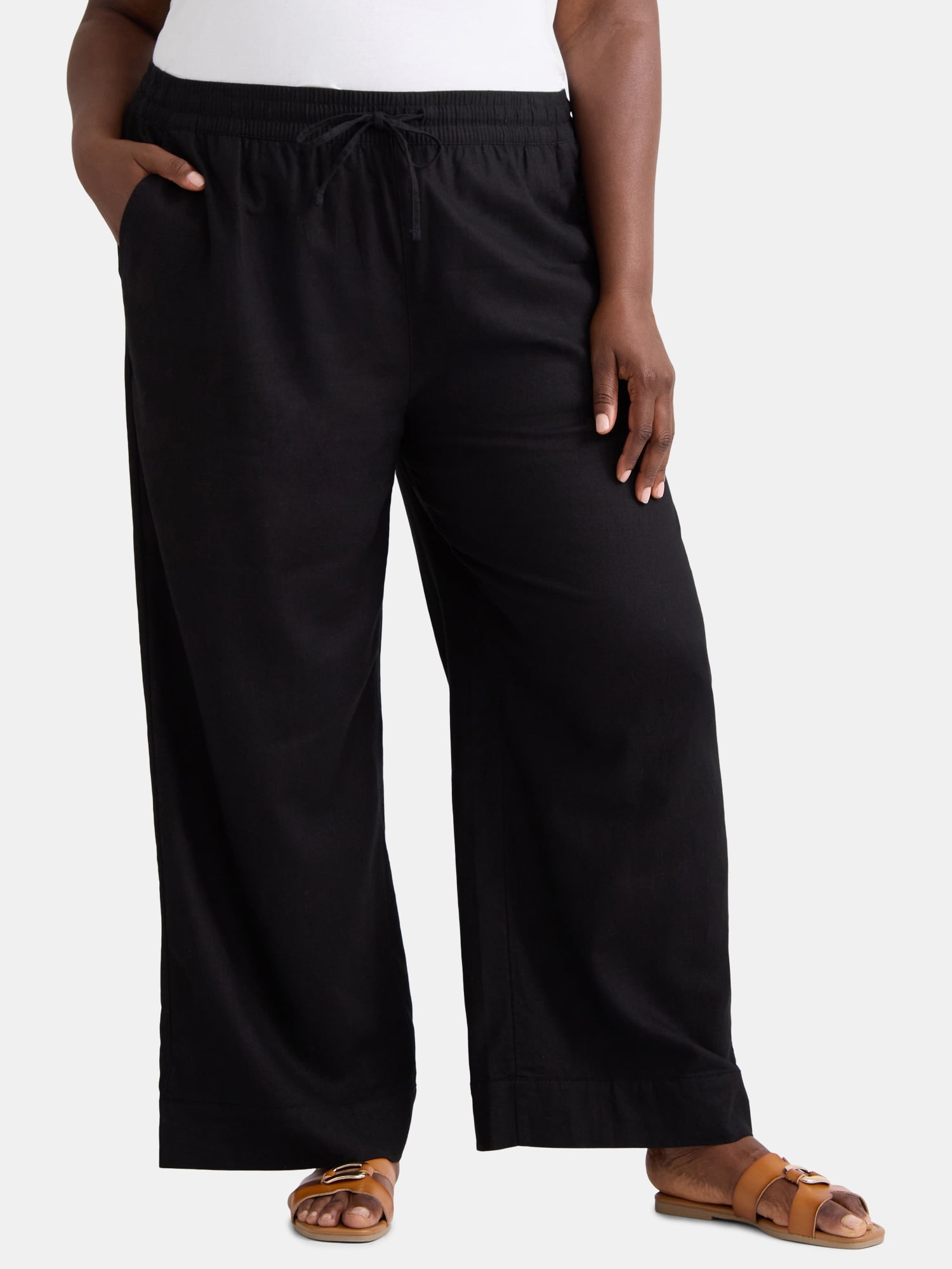 Time and Tru Women's Plus Wide Leg Linen Pants, 29” Inseam, Sizes 1X-4X ...