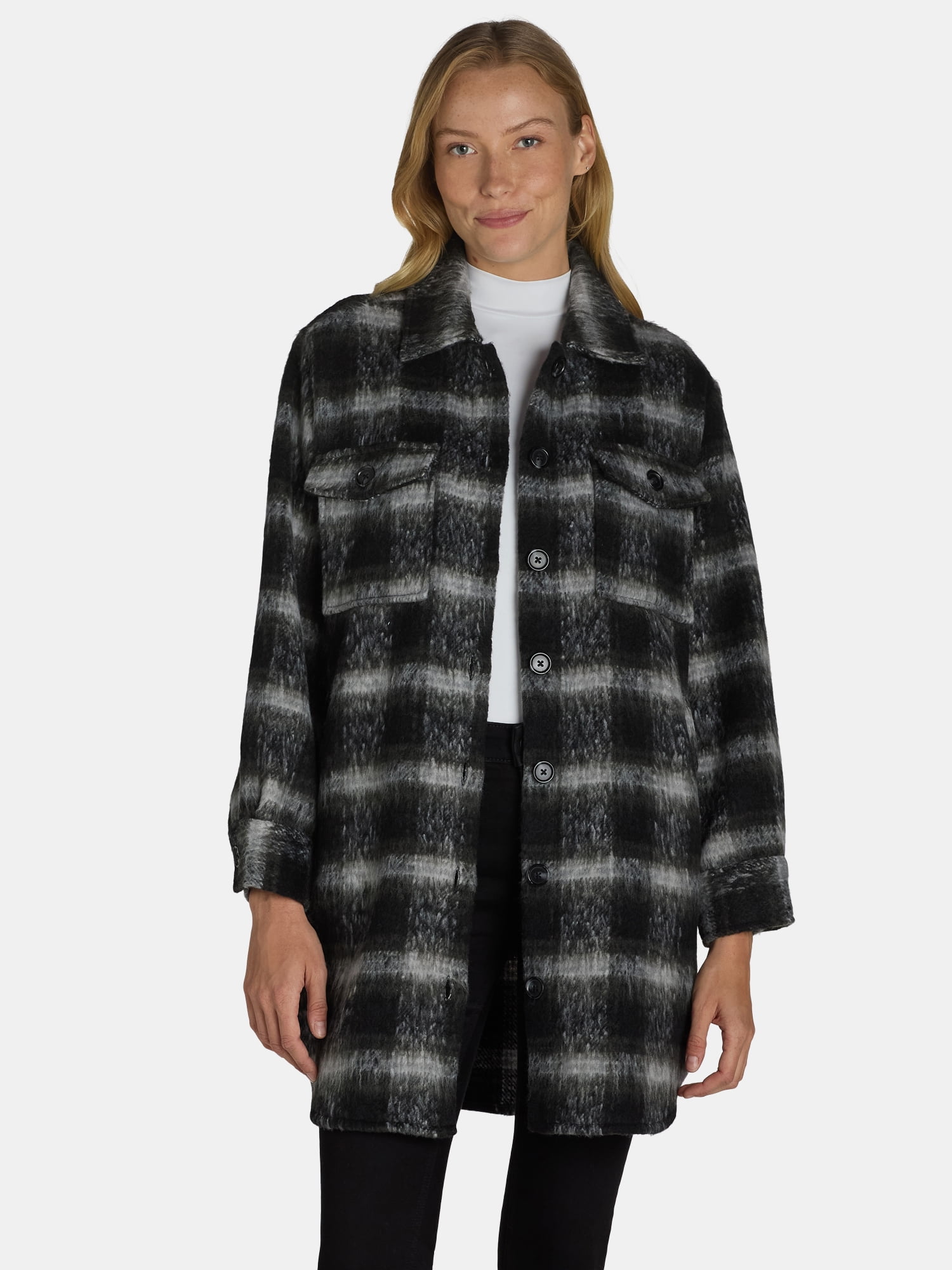 Time and Tru Women's Brushed Longline Plaid Shacket, S-XXXL - Walmart.com