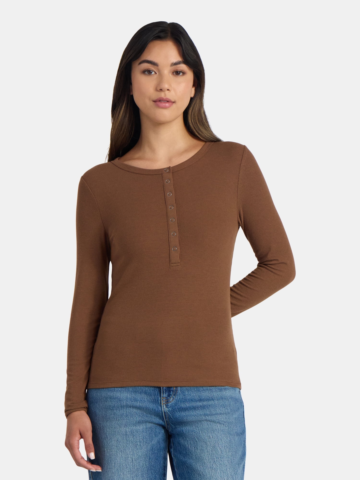 Time and Tru Women's Ribbed Henley Shirt with Long Sleeves, Sizes XS ...