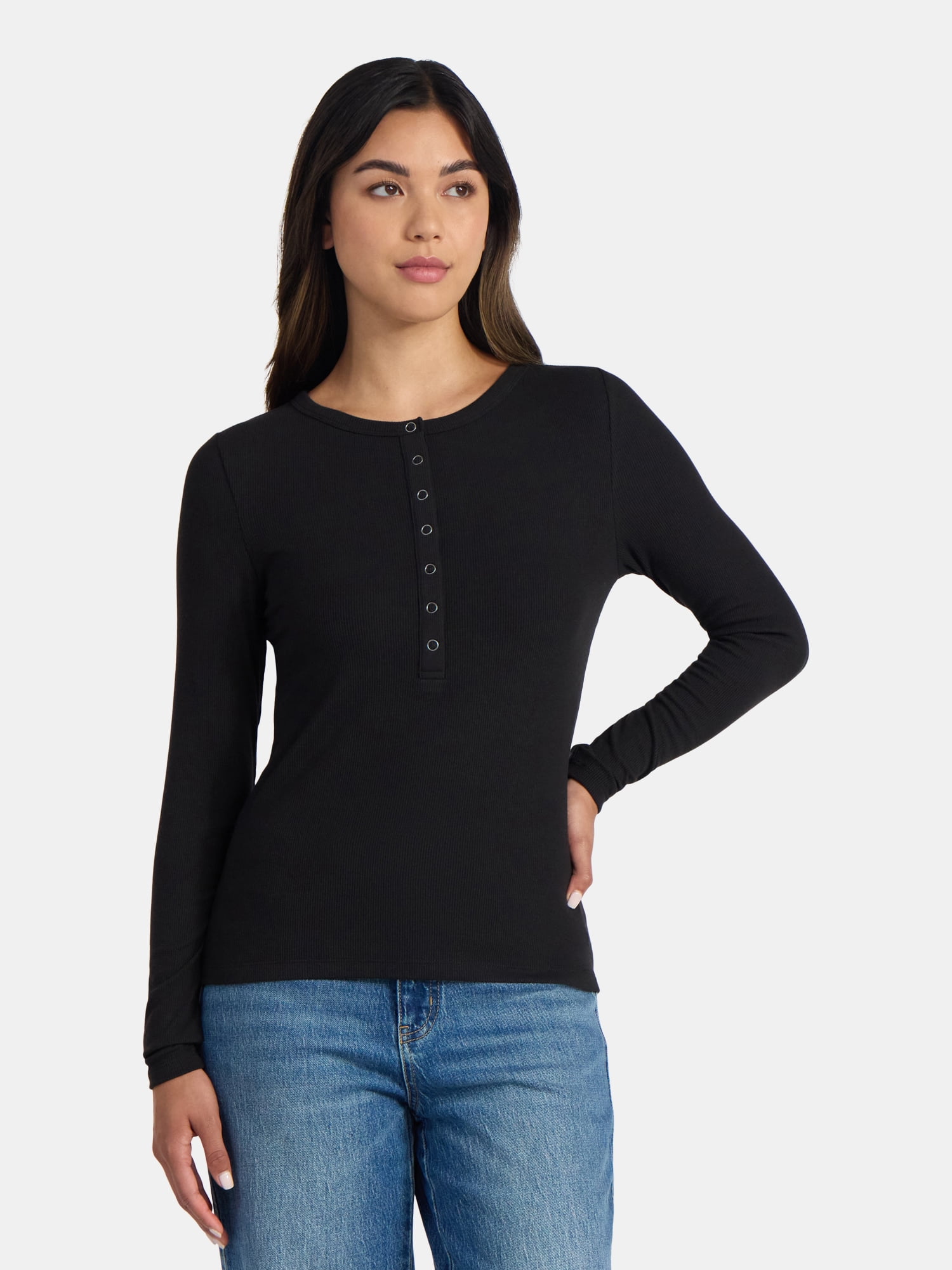 Time and Tru Women's Ribbed Henley Shirt with Long Sleeves, Sizes XS ...