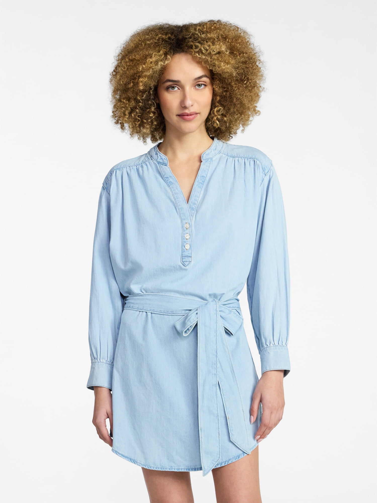 Time and Tru Women's Belted Denim Mini Shirtdress with Long Sleeves ...