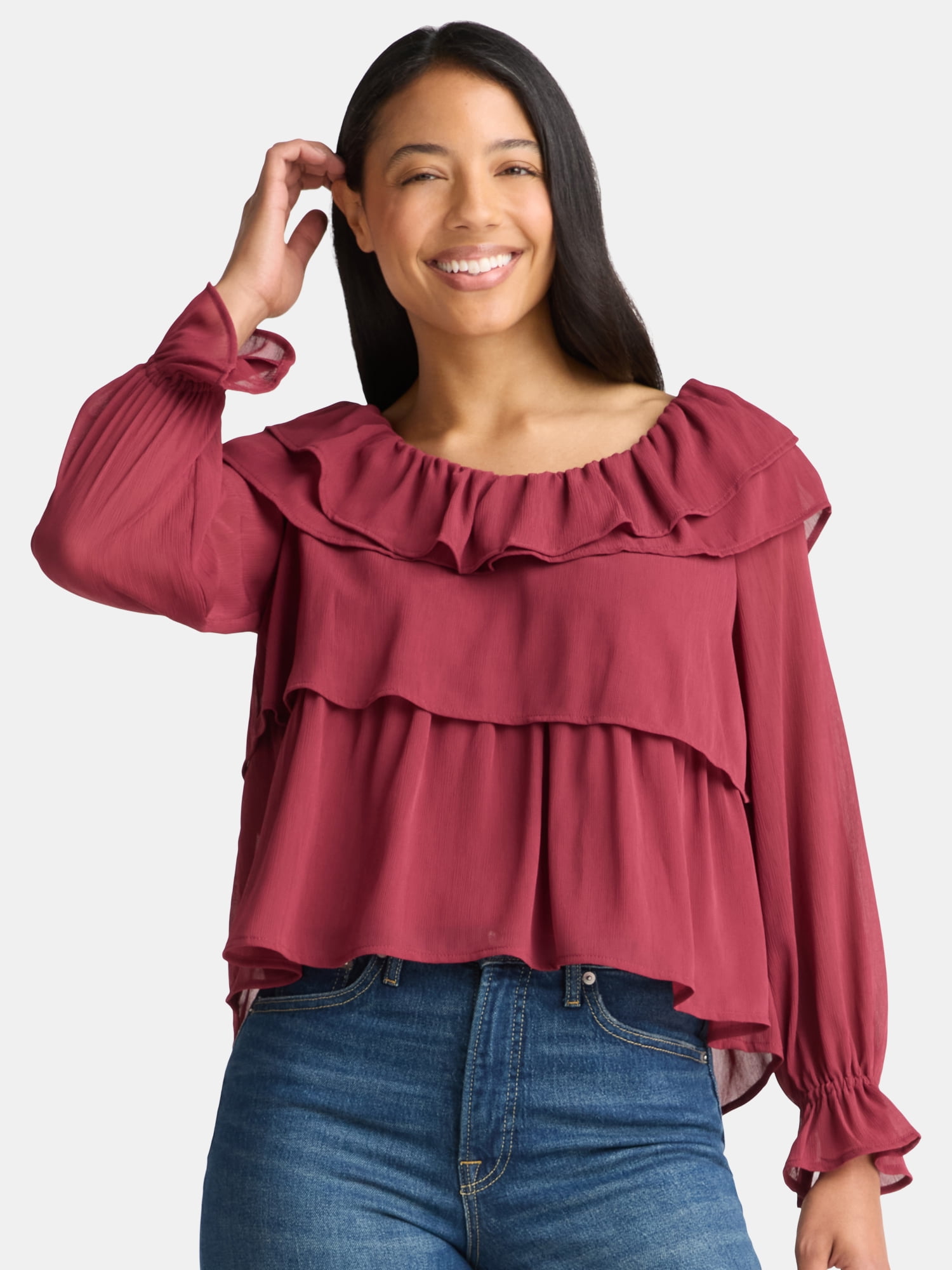 Time and Tru Women's Ruffle Neck Blouse with Long Sleeves, Sizes XS-3XL ...