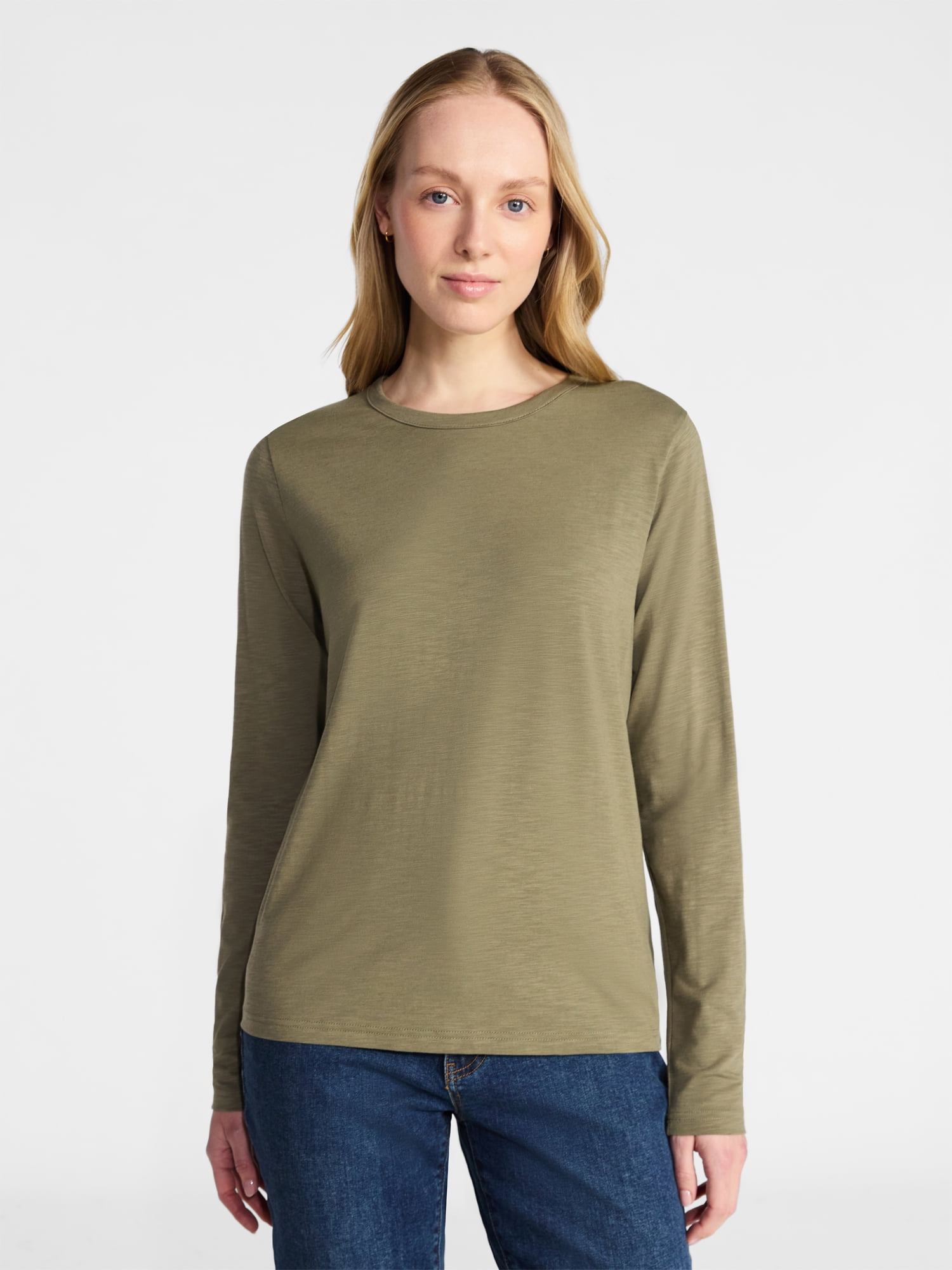 Time and Tru Women’s Slub Crewneck Tee with Long Sleeves, Sizes XS-XXXL ...