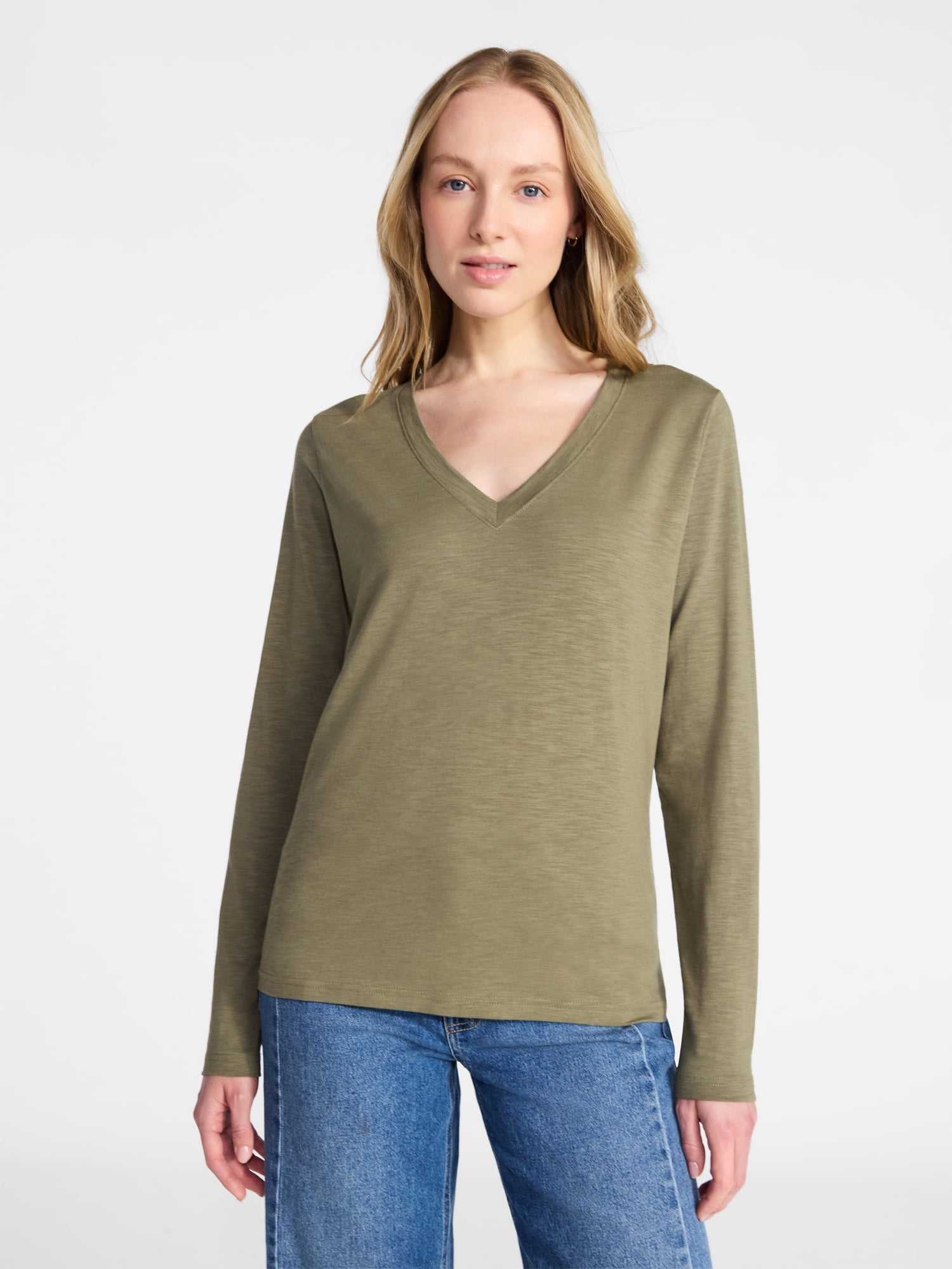 Time and Tru Women's Slub V-Neck Tee with Long Sleeves, Sizes XS-XXXL ...