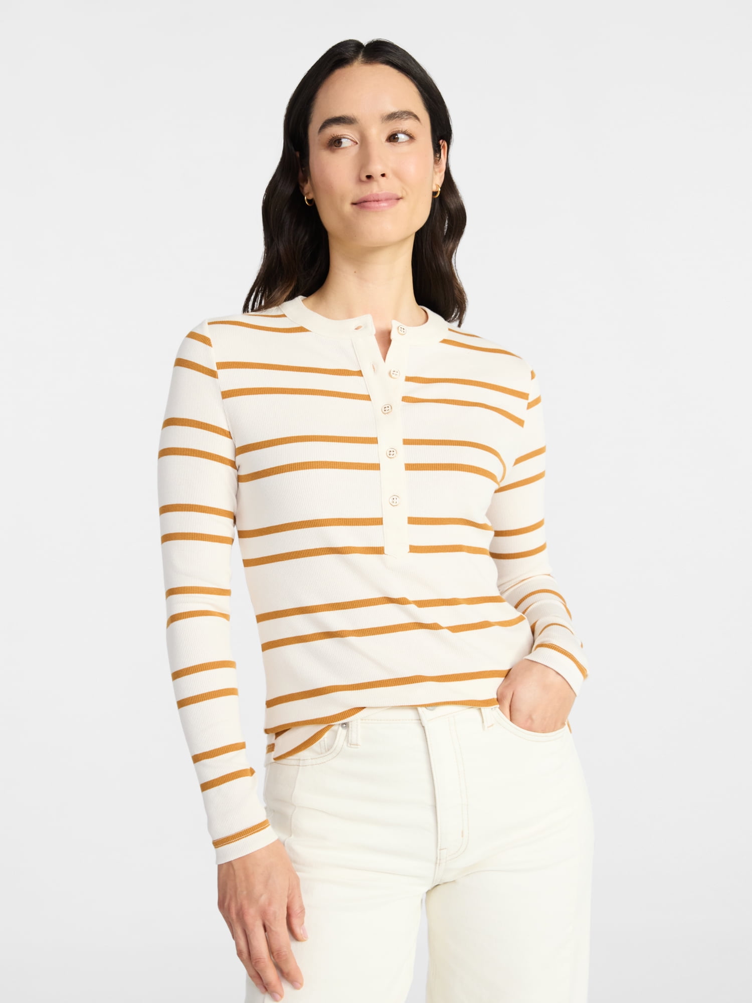 Time and Tru Women's Striped Henley with Long Sleeves, Sizes XS-XXXL ...