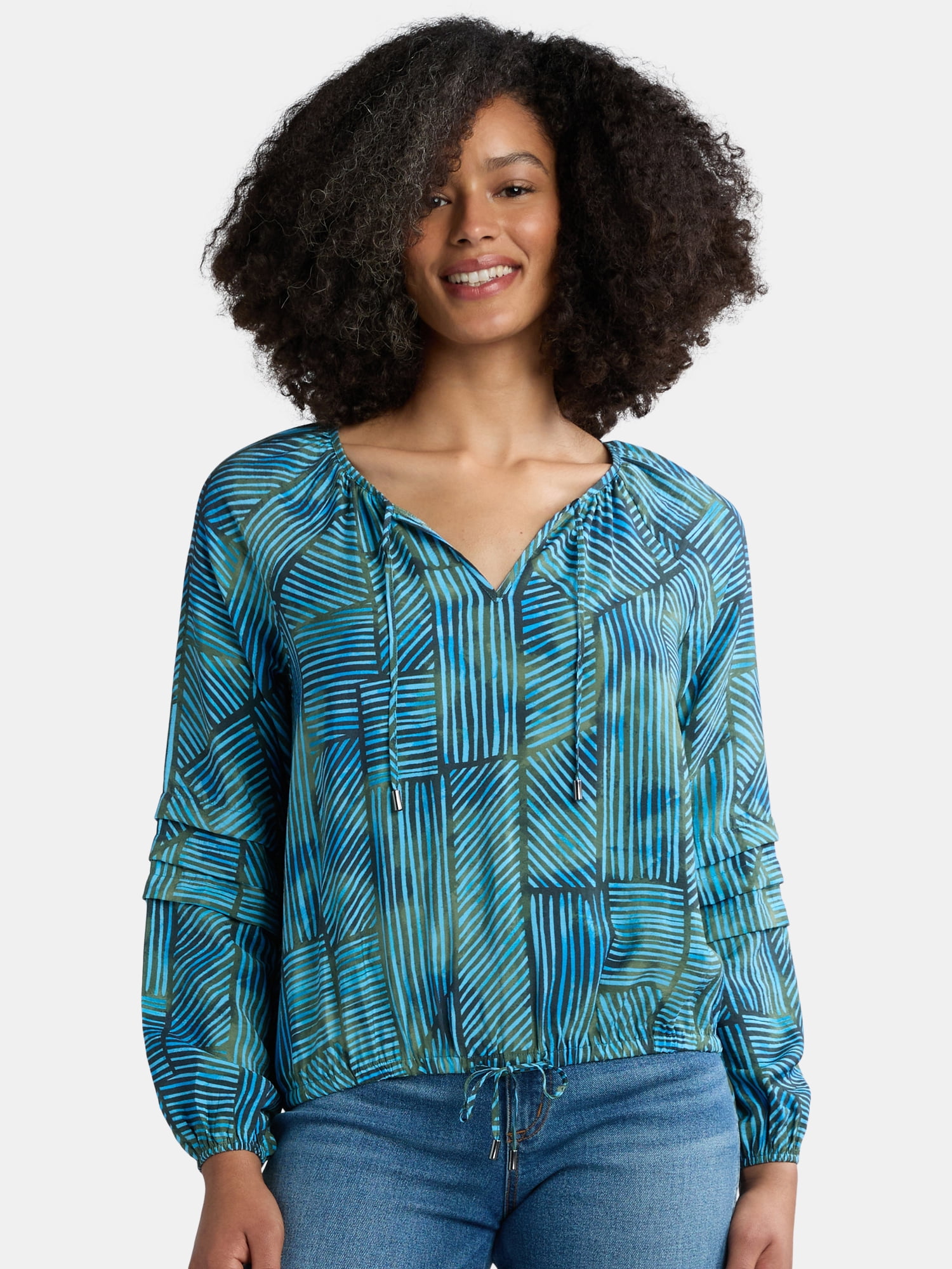 Time and Tru Women's Drawstring Hem Peasant Blouse with Long Sleeves ...