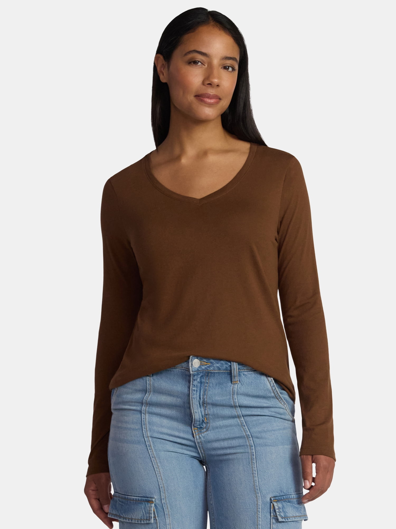 Time and Tru Women's Cotton V-Neck Tee with Long Sleeves, Sizes XS-XXXL ...