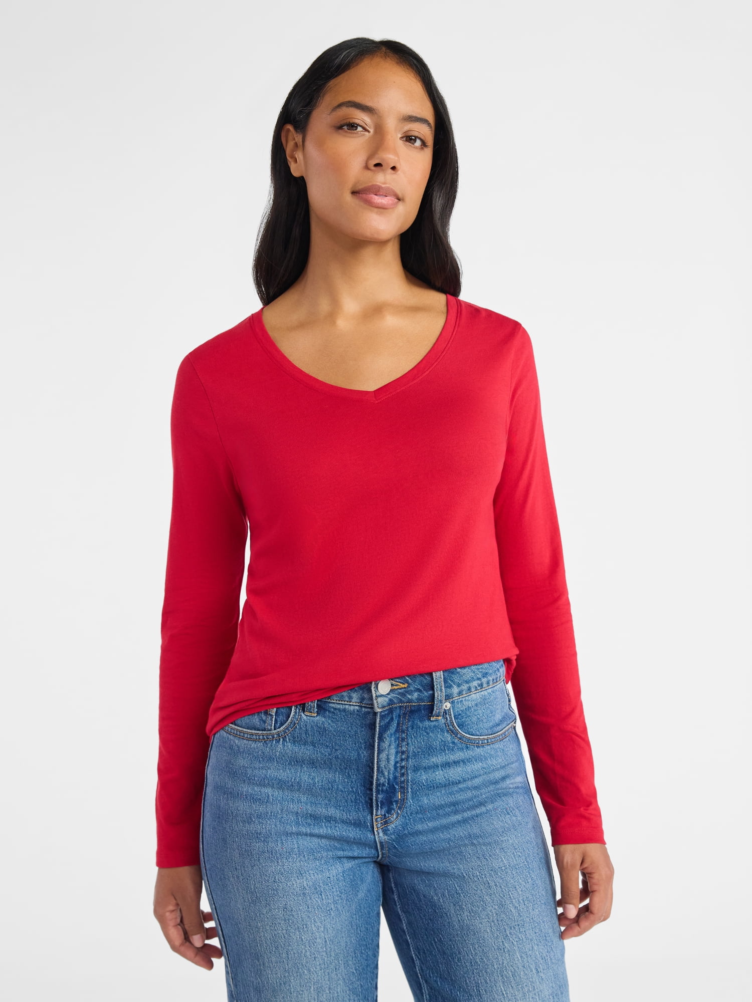 Time and Tru Women's Cotton V-Neck Tee with Long Sleeves, Sizes XS-XXXL ...