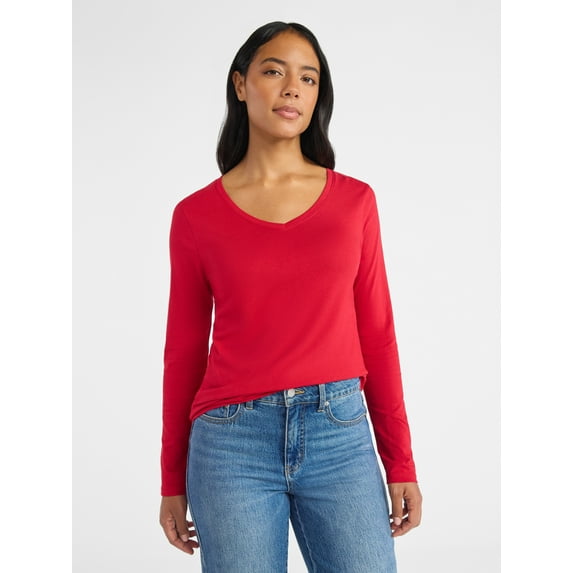 Time and Tru Women's Cotton V-Neck Tee with Long Sleeves, Sizes XS-XXXL ...