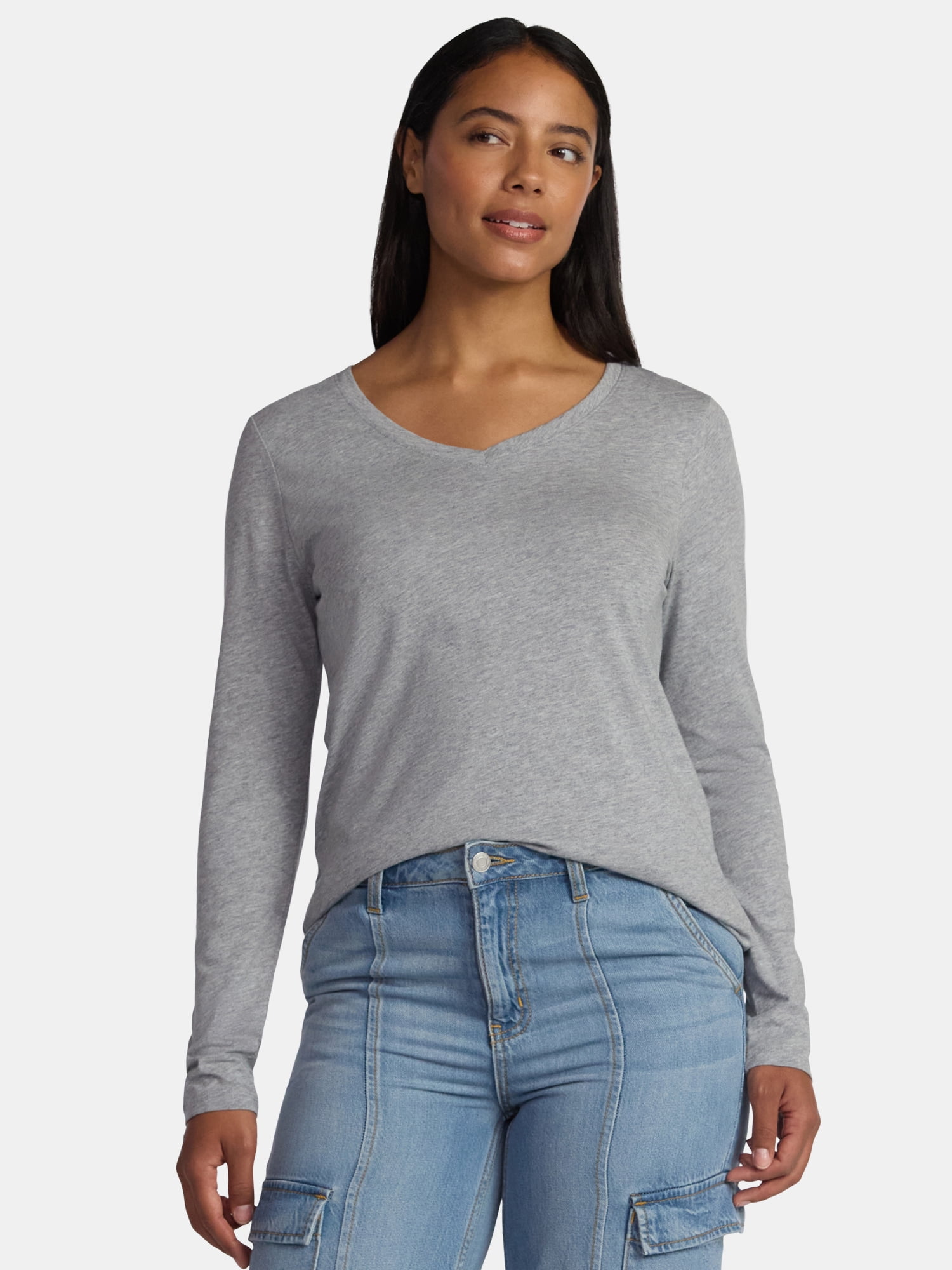Time and Tru Women's Cotton V-Neck Tee with Long Sleeves, Sizes XS-XXXL ...