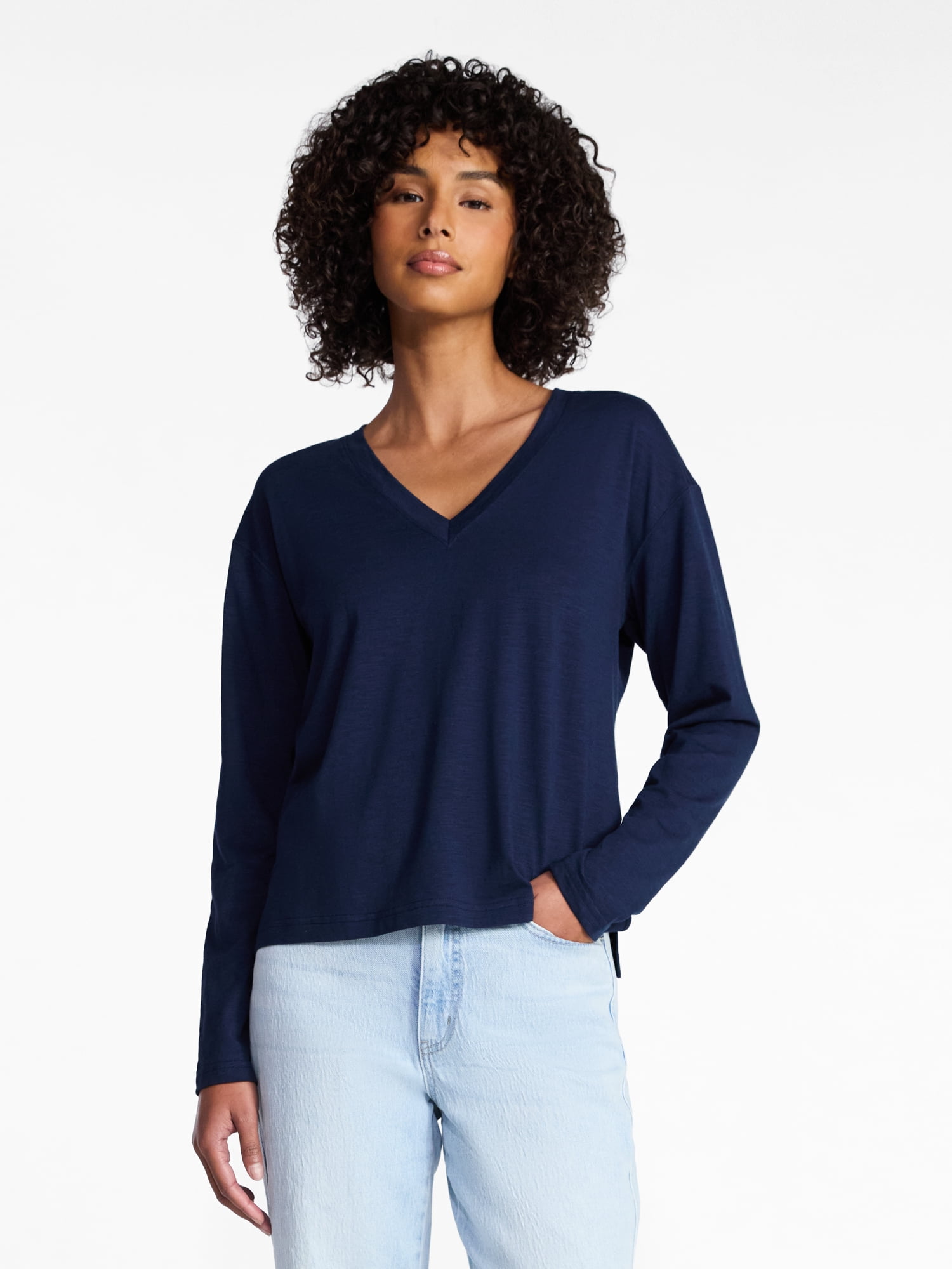 Time and Tru Women's Boxy Slub V-Neck Tee with Long Sleeves, Sizes XS ...