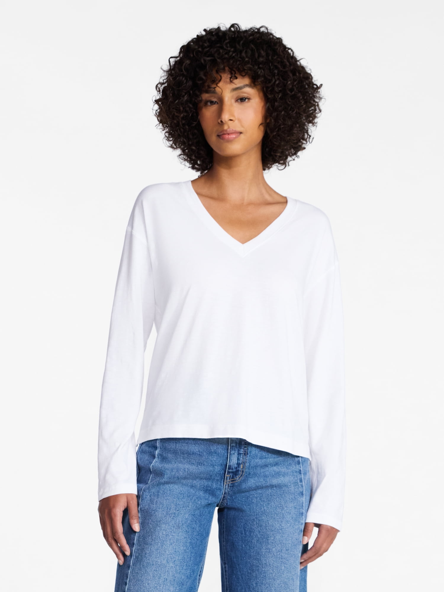 Time and Tru Women's Boxy Slub V-Neck Tee with Long Sleeves, Sizes XS ...