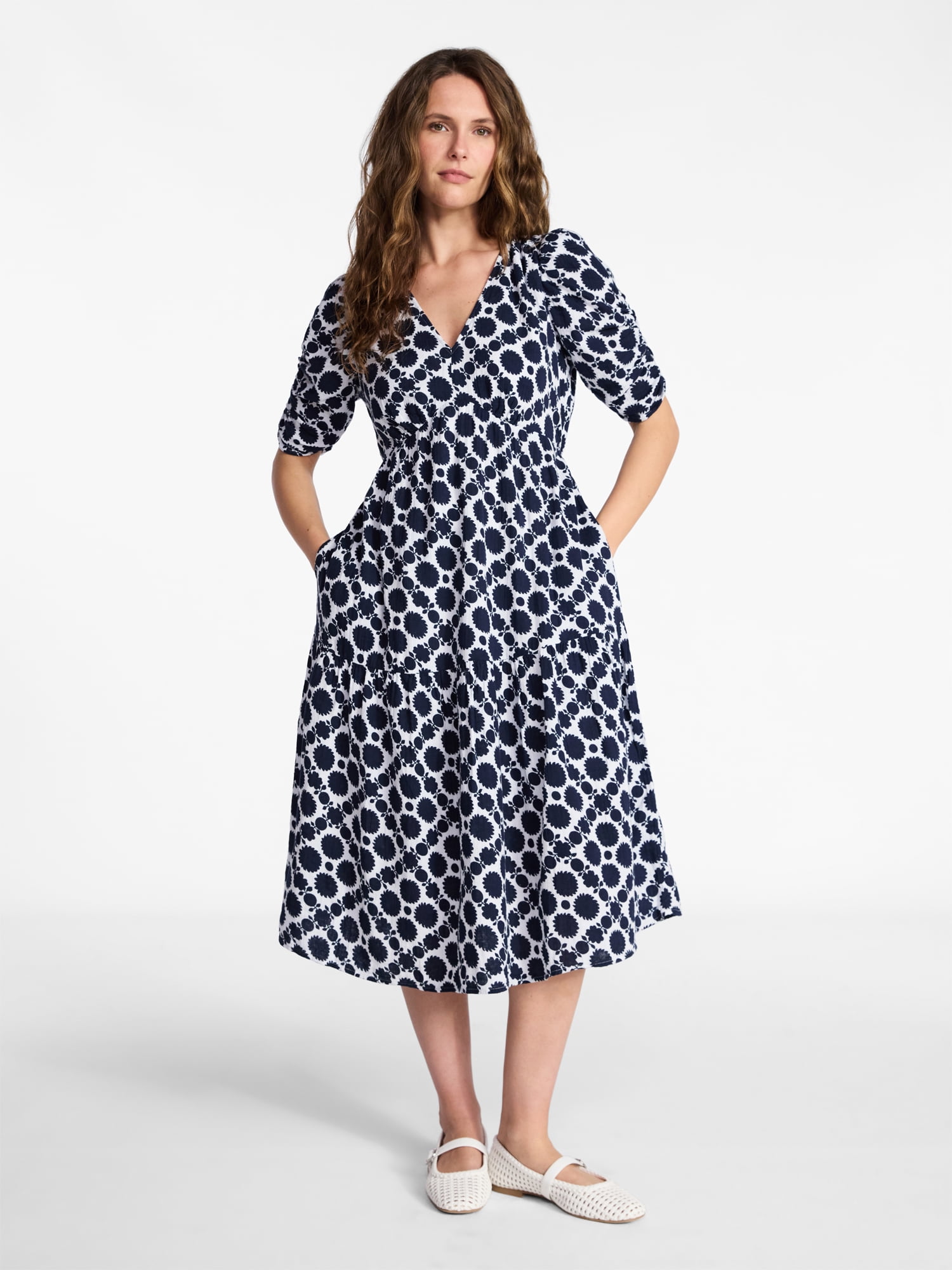 Time and Tru Women's Cotton Tiered Midi Dress with Elbow Length Sleeves ...