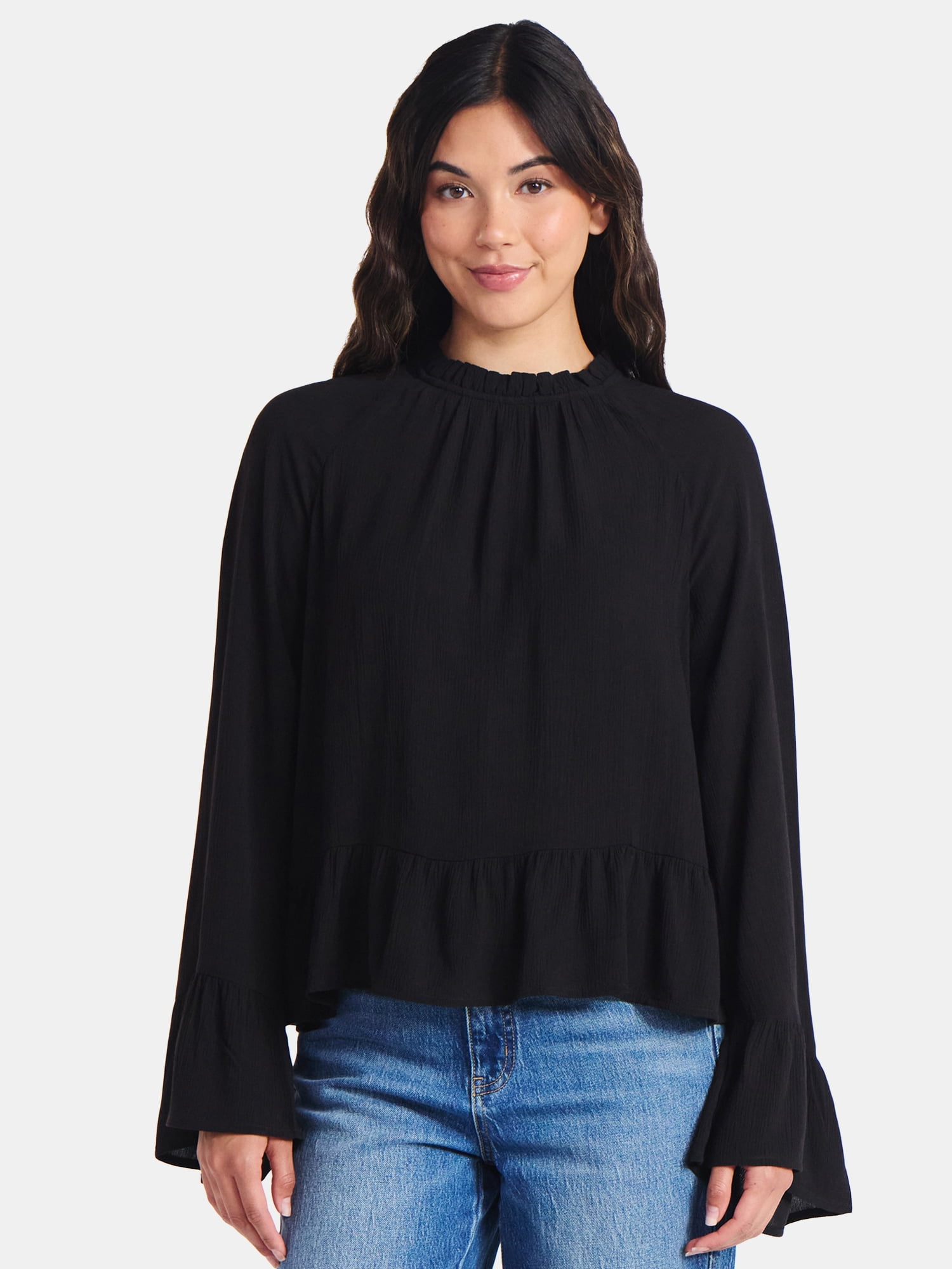 Time and Tru Women's Ruffle Neck Blouse with Long Bell Sleeves, Size XS ...
