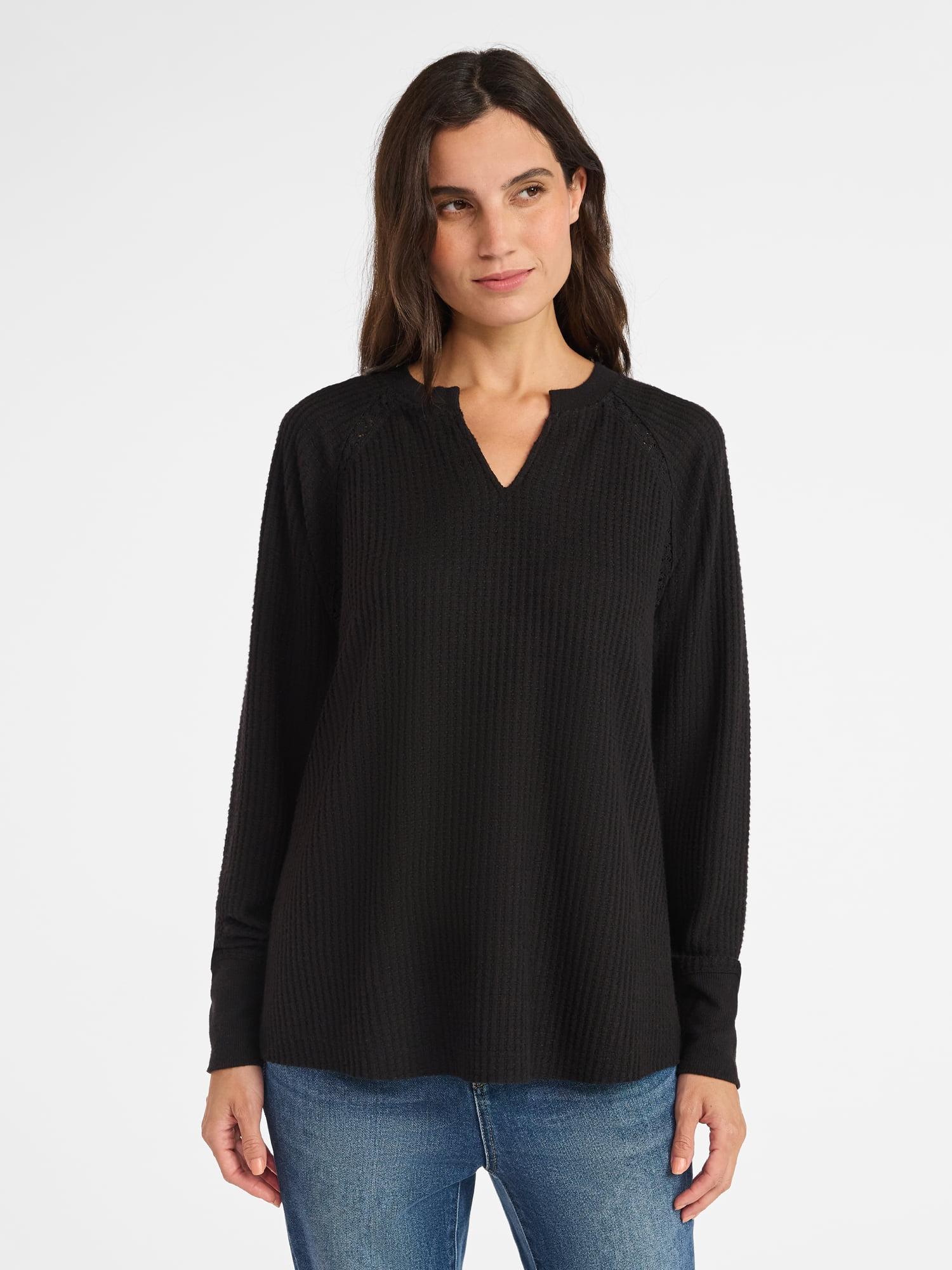 Time and Tru Women’s Notch Neck Waffle Top with Long Sleeves, Size XS ...