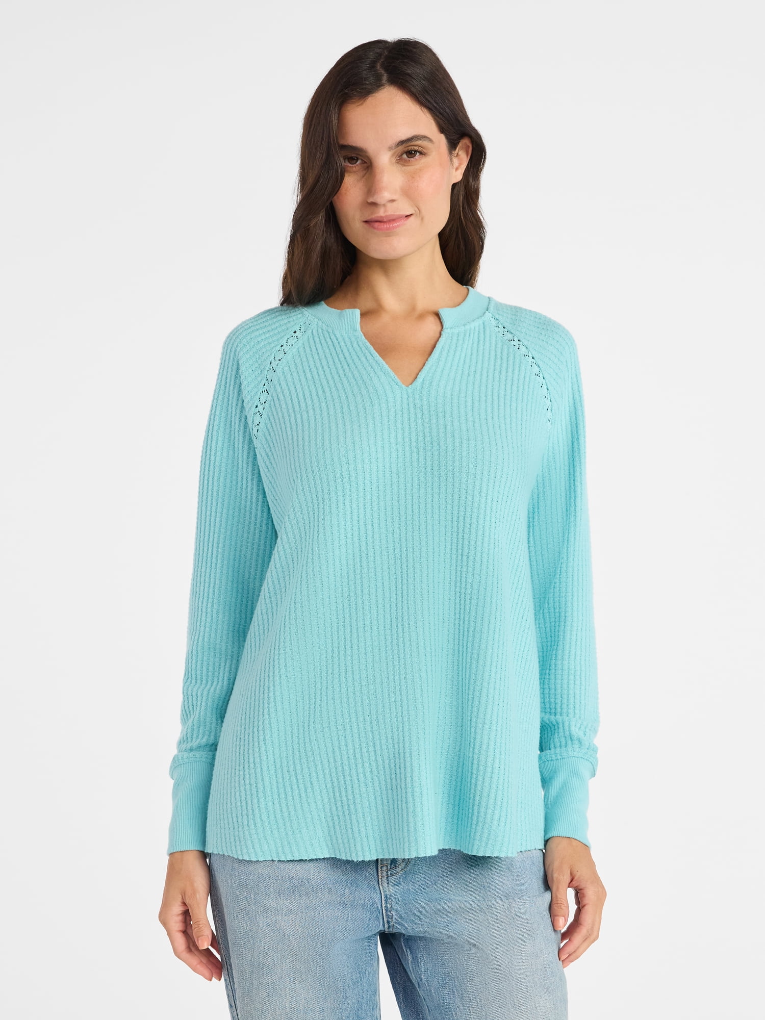 Time and Tru Women’s Notch Neck Waffle Top with Long Sleeves, Size XS ...