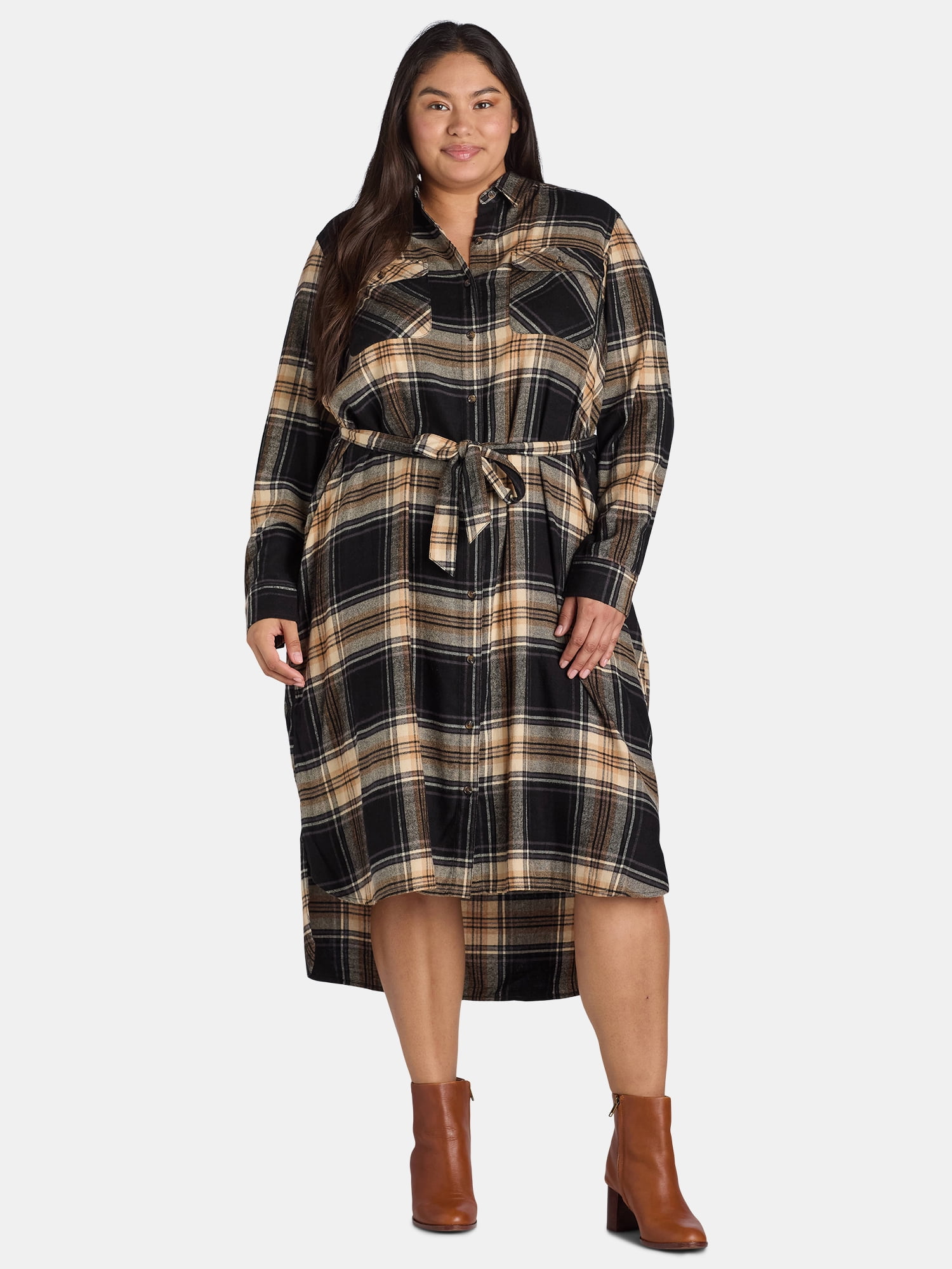 Time and Tru Women’s and Women’s Plus Plaid Button Front Dress with ...