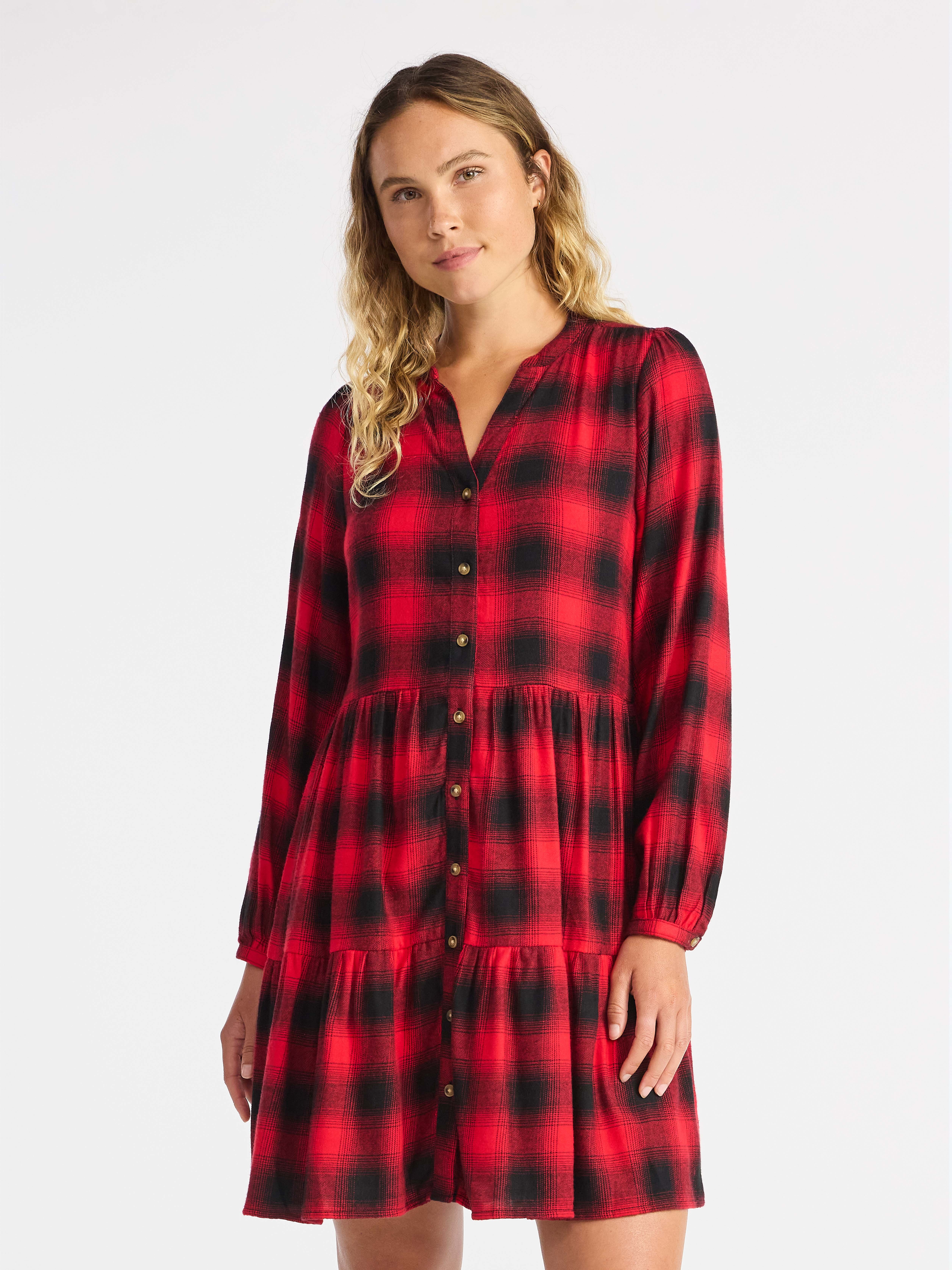 Time and Tru Women's Tiered Plaid Flannel Dress, Sizes XS – XXXL ...