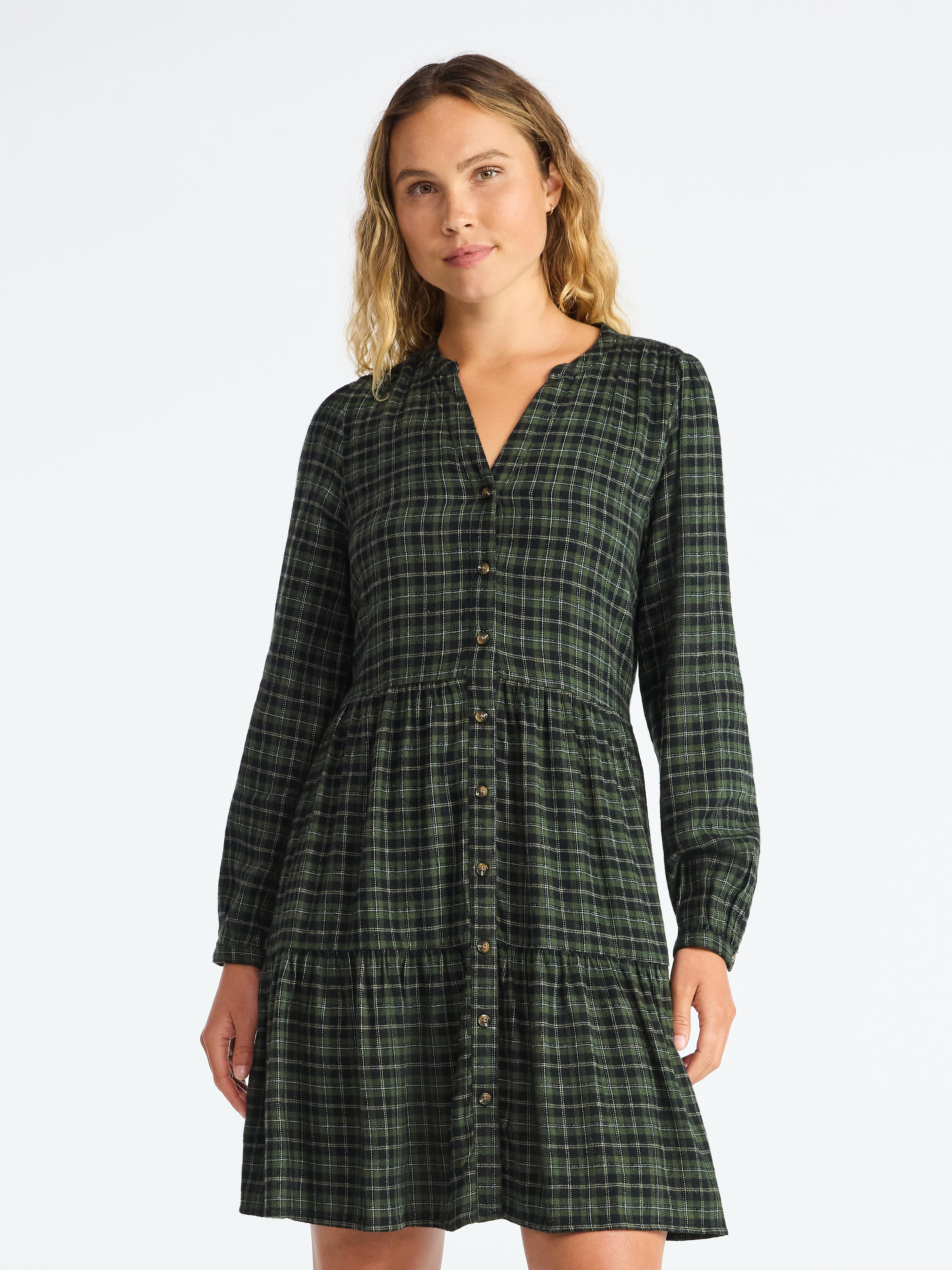 Time and Tru Women's Tiered Plaid Flannel Dress, Sizes XS – XXXL ...