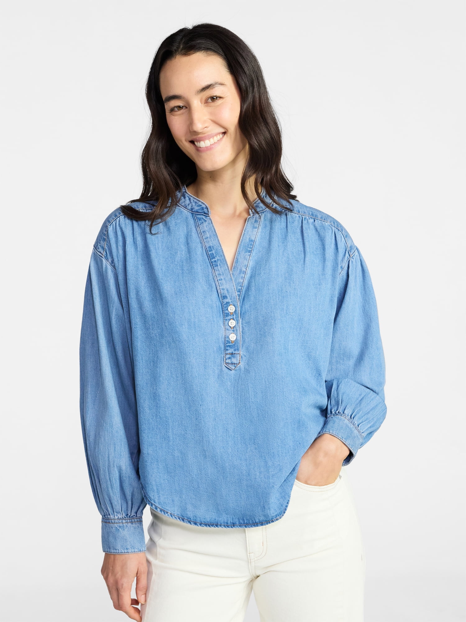 Time and Tru Women's Popover Denim Top with Long Sleeves, Sizes XS-XXXL ...