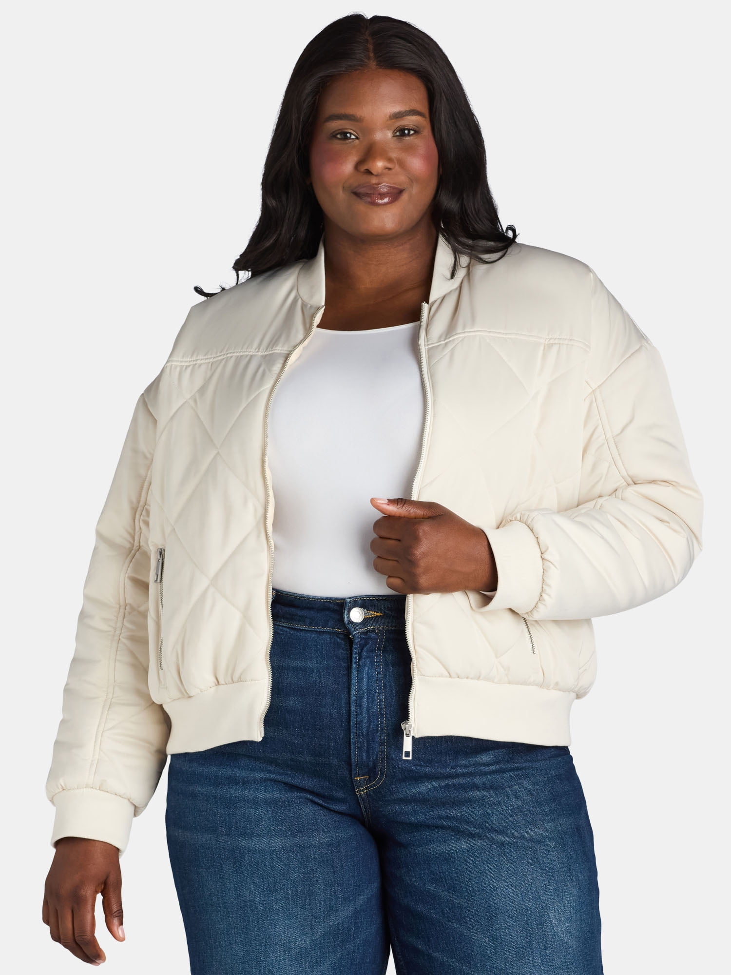Time & Tru Women's Plus Size Quilted Bomber Jacket XS-3X, Ribbed Sateen ...