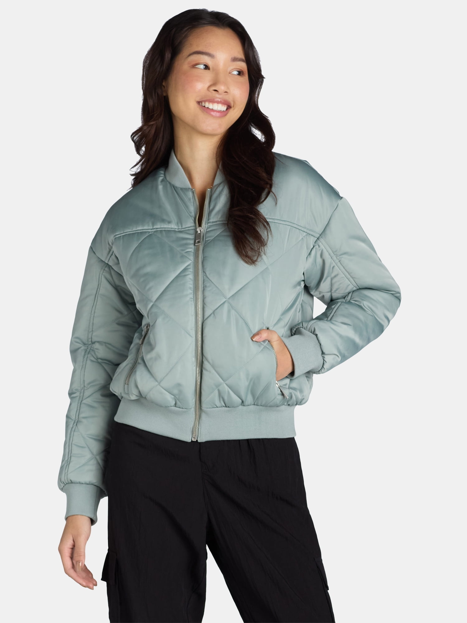 Time & Tru Women's Plus Size Quilted Bomber Jacket XS-3X, Matte Sateen ...