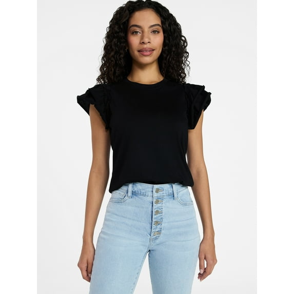 Time and Tru Women's Cotton Crewneck Tee with Ruffle Flutter Sleeves ...
