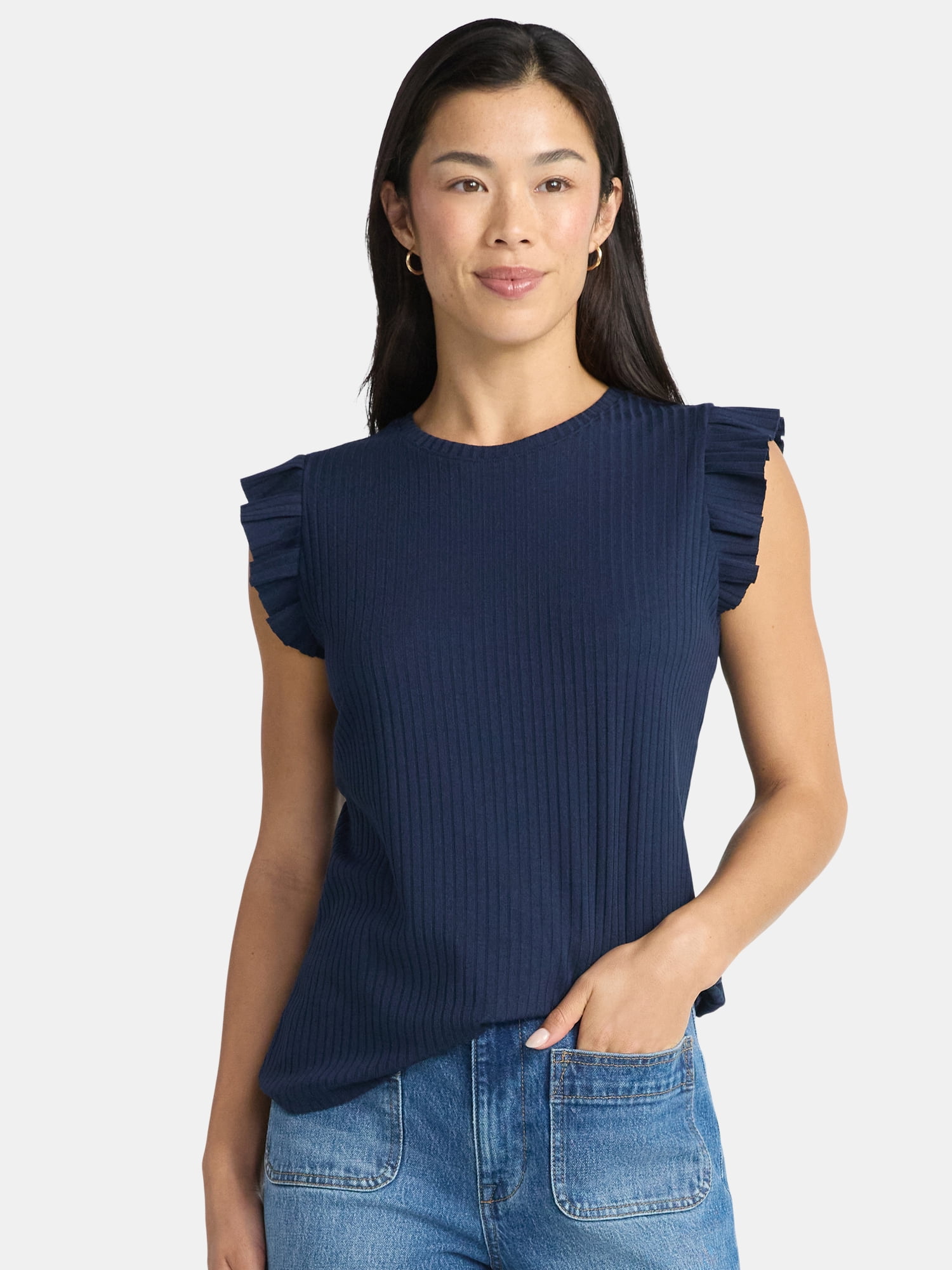 Time and Tru Women's Rib Ruffle Sleeve Top, Sizes XS-XXXL - Walmart.com