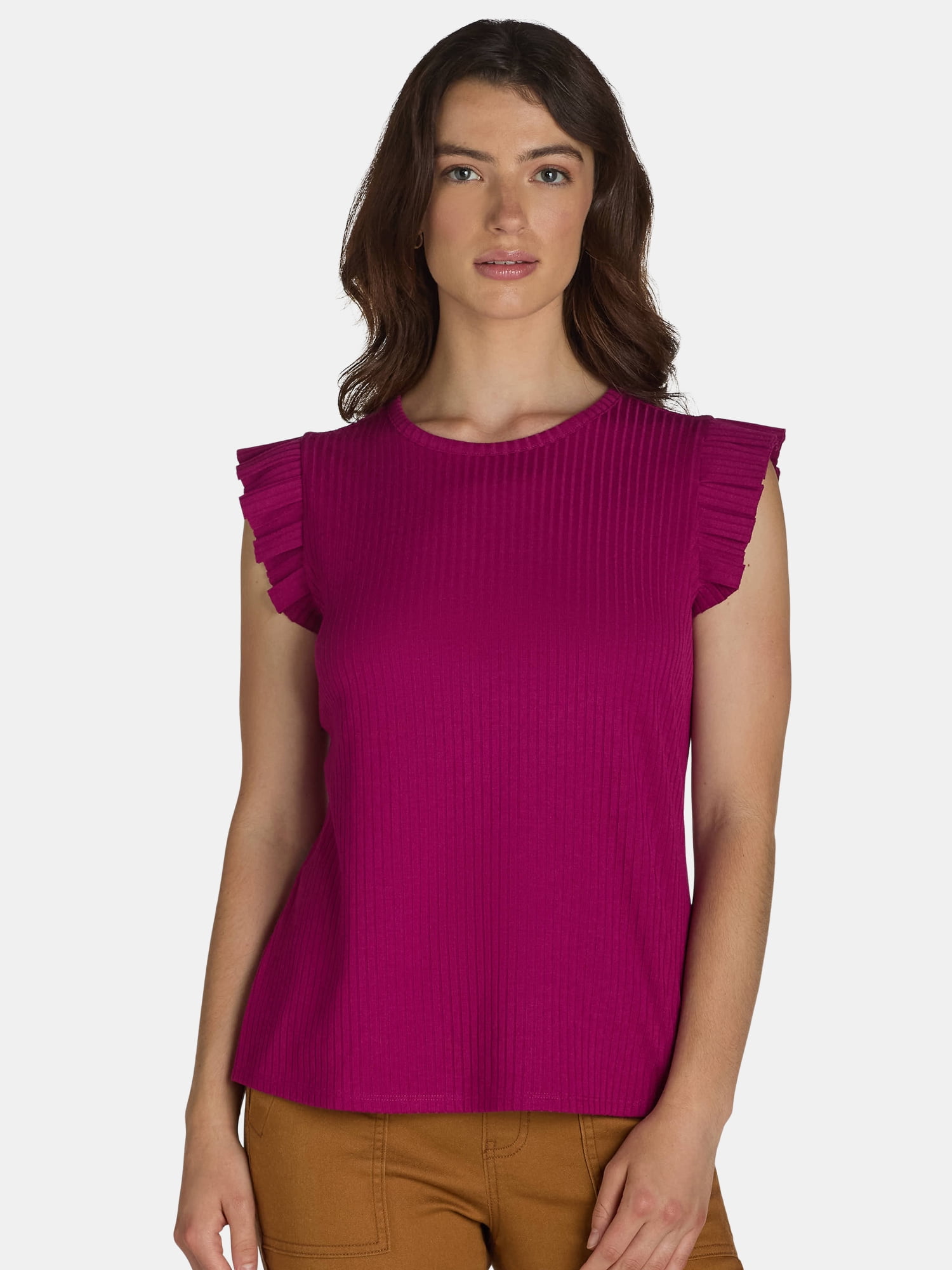 Time and Tru Women's Rib Ruffle Sleeve Top - Walmart.com