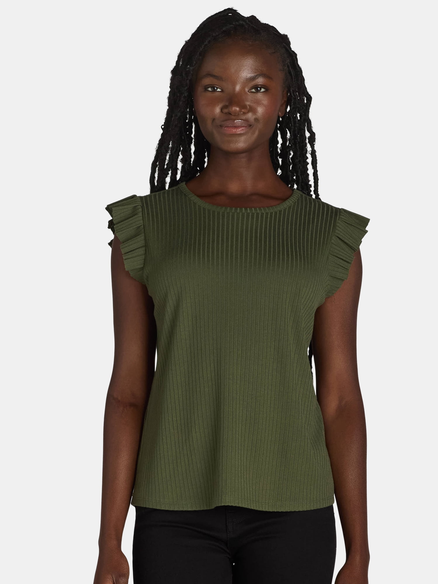 Time and Tru Women's Rib Ruffle Sleeve Top - Walmart.com
