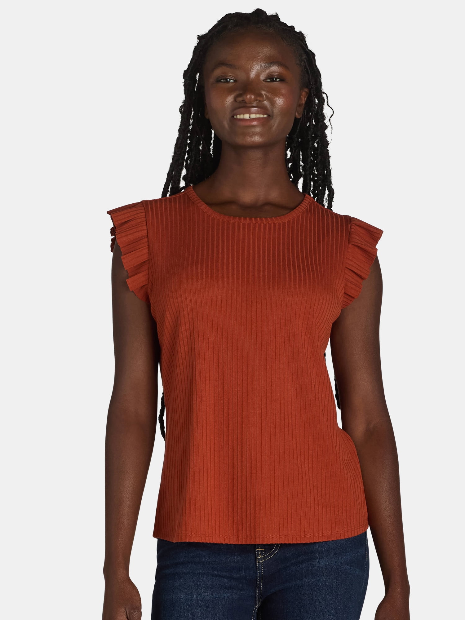 Time and Tru Women's Rib Ruffle Sleeve Top - Walmart.com