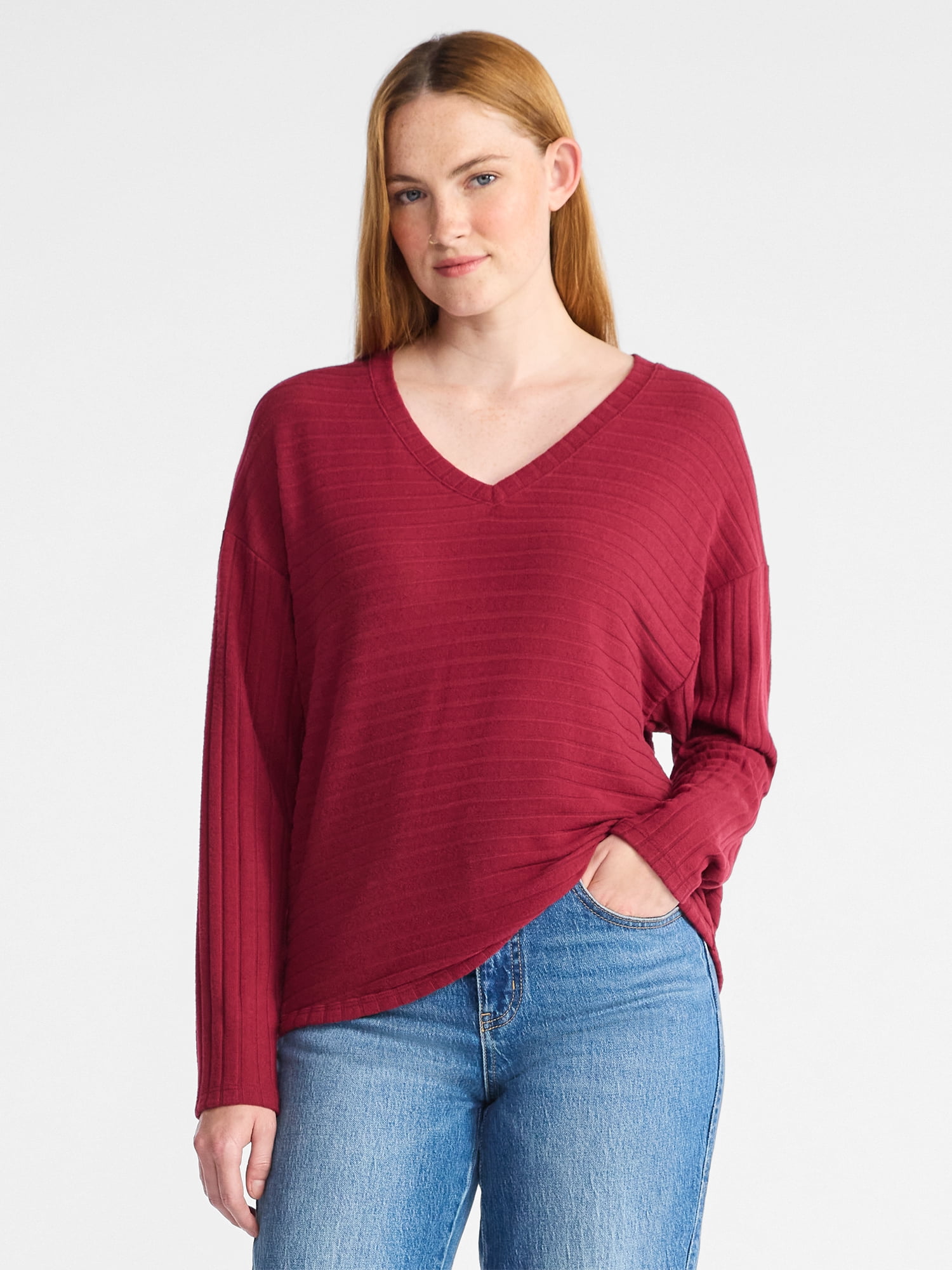 Time and Tru Women's Ribbed Hacci Knit V Neck Top with Long Sleeves, Sizes XS-XXXL - Walmart.com