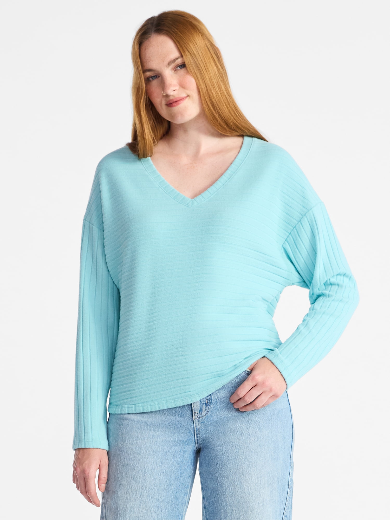 Time and Tru Women's Ribbed Hacci Knit V Neck Top with Long Sleeves, Sizes XS-XXXL - Walmart.com