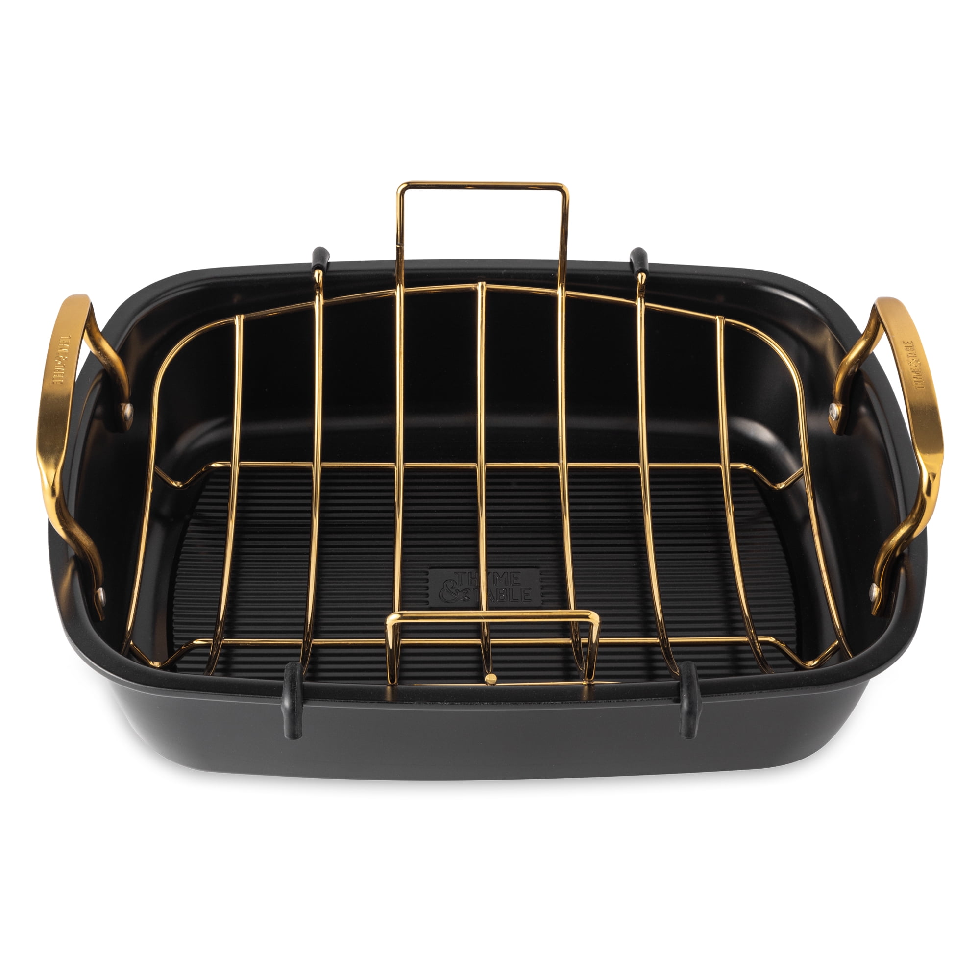 Thyme & Table 17-inch Roasting Pan Non-Stick Black with Gold Rack ...