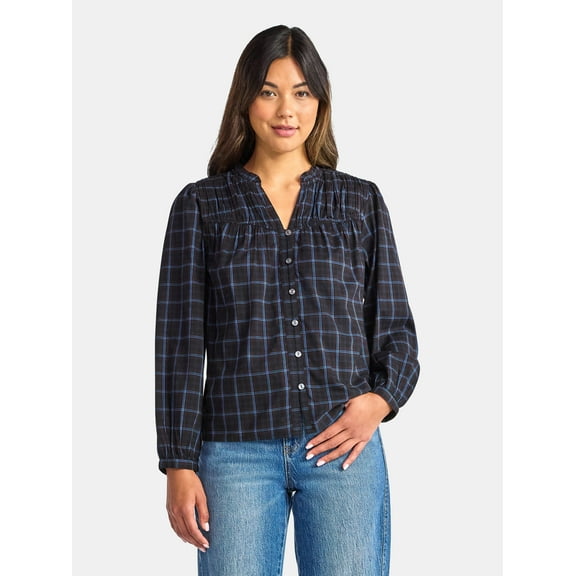 Time and Tru Women's Lace Yoke Shirt with Long Sleeves Sizes XS-XXXL ...