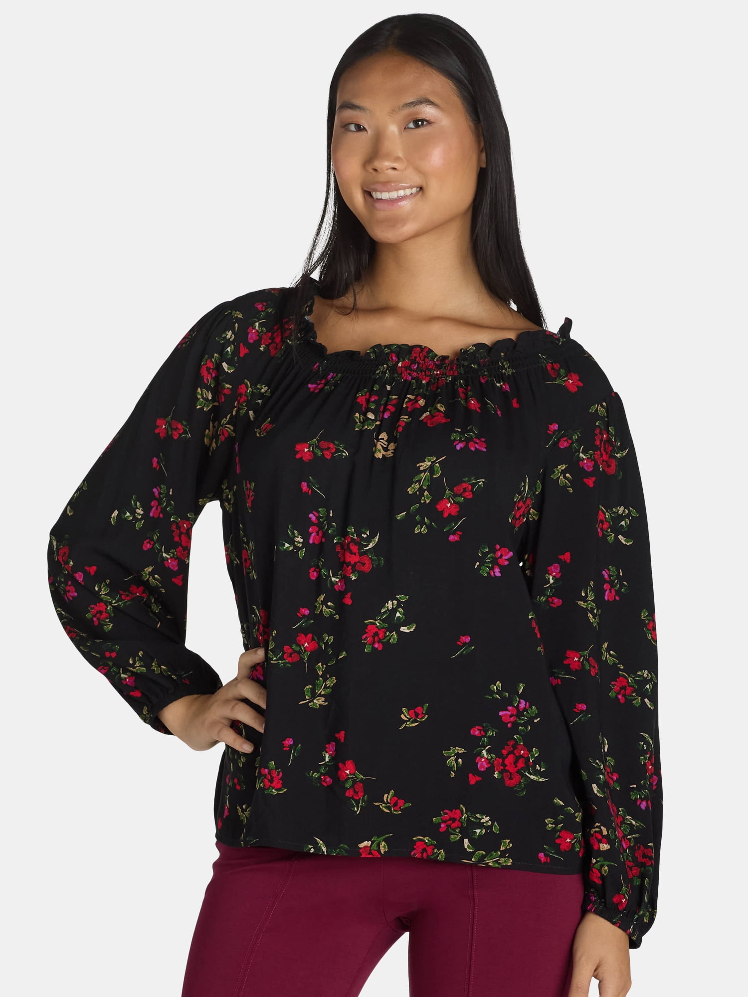 Time & Tru Women's Ruffle Neck Blouse, Long Sleeve, Elegant, Sizes S ...