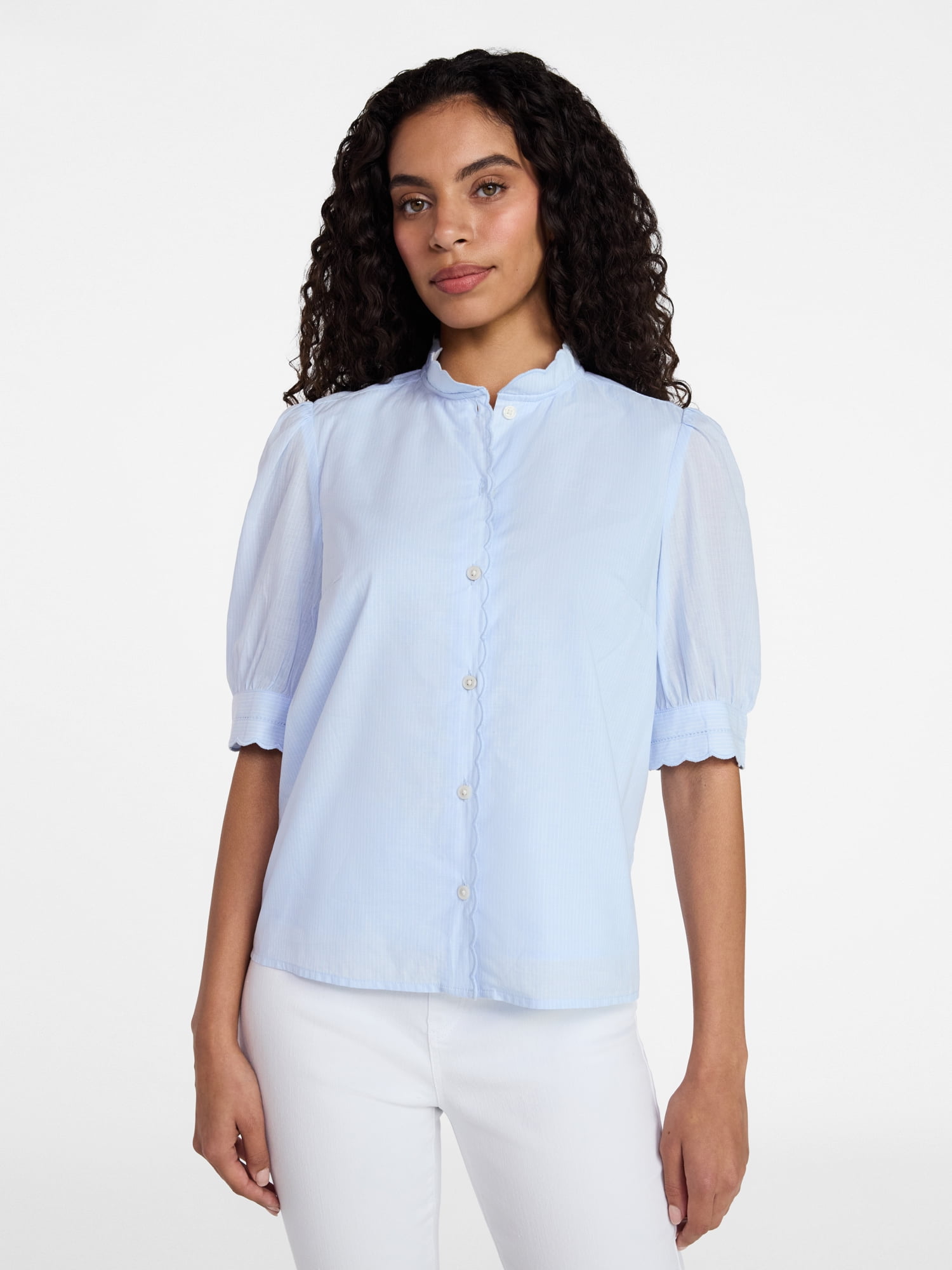 Time and Tru Women's Cotton Scalloped Edge Blouse with Short Sleeves ...