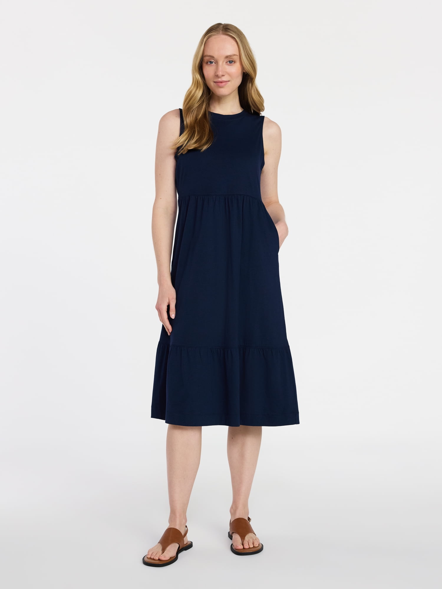 Time and Tru Women's Sleeveless Cotton Knit Tiered Midi Dress, Sizes XS ...