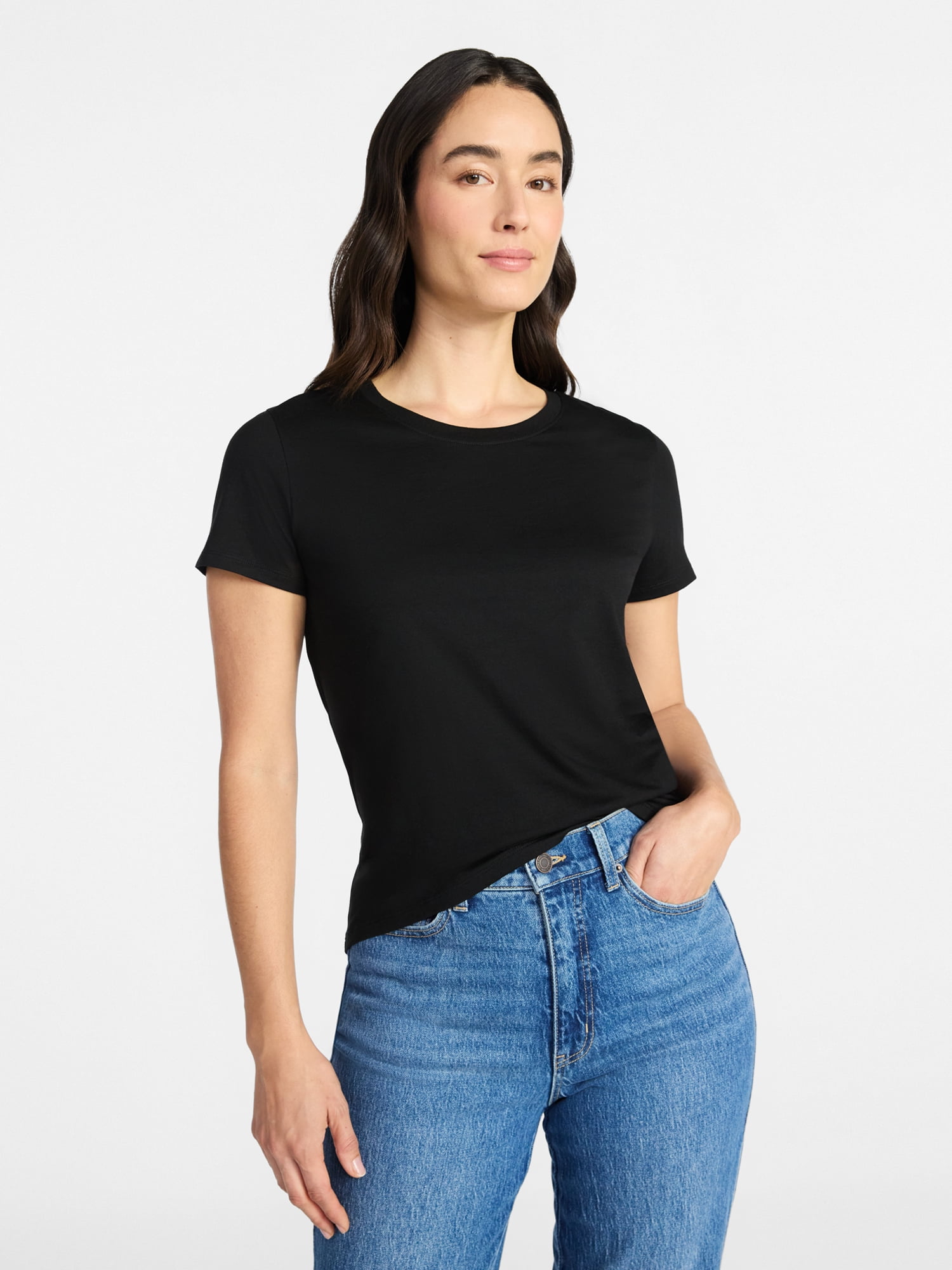 Time and Tru Women's Cotton Crewneck Tee with Short Sleeves, Sizes XS ...