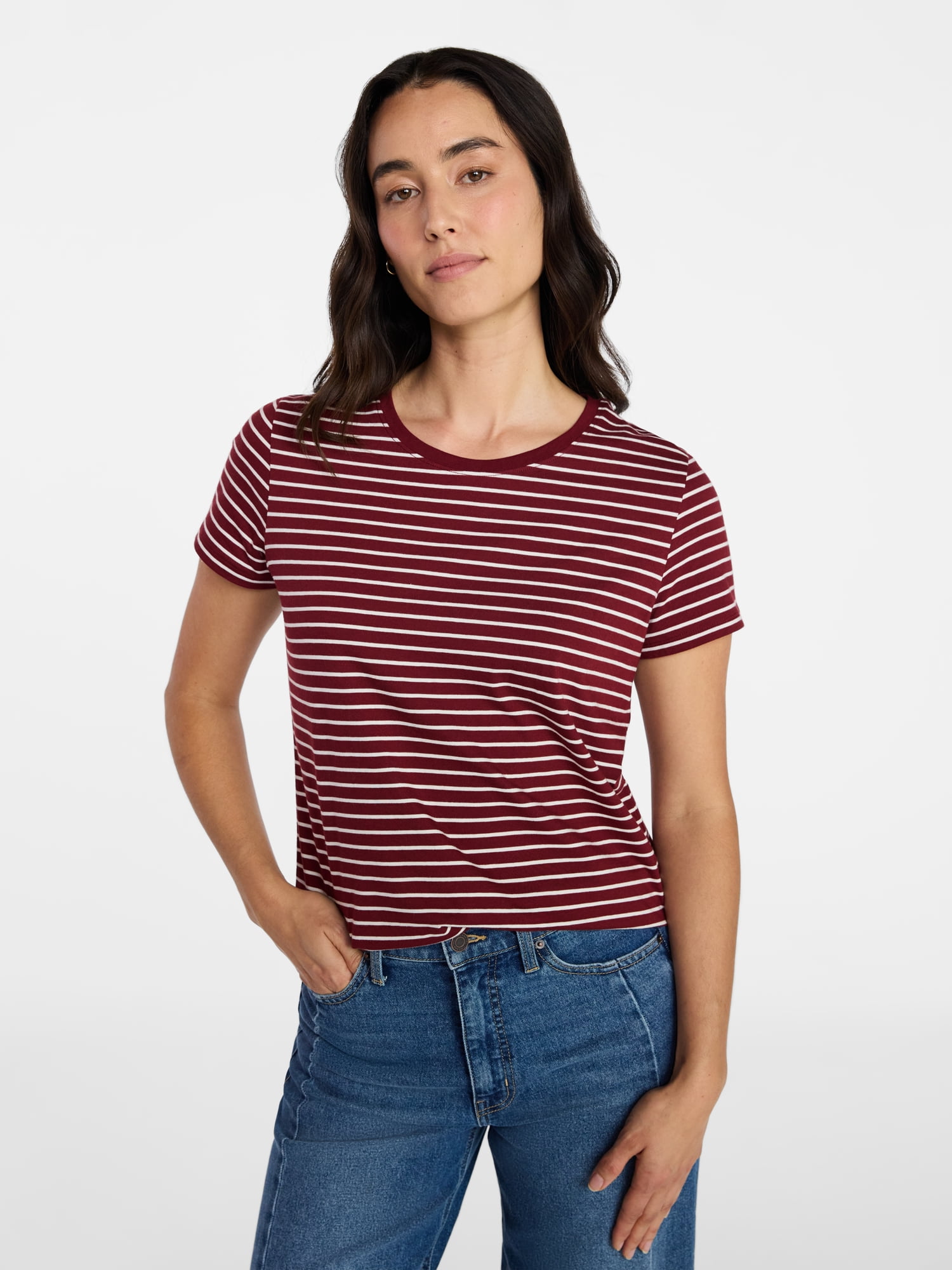 Time and Tru Women's Cotton Crewneck Tee with Short Sleeves, Sizes XS ...