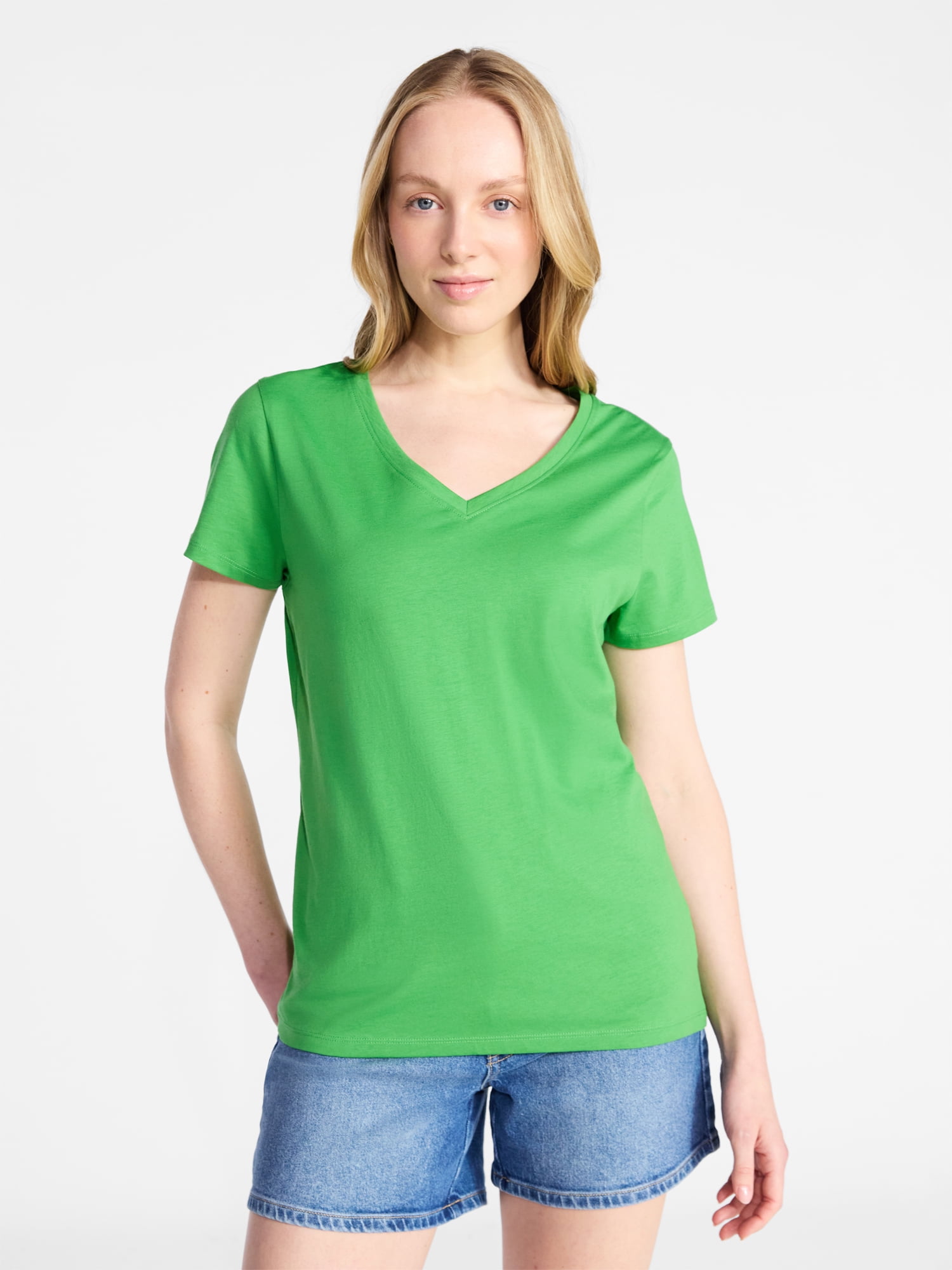 Time and Tru Women's Cotton V-Neck Tee with Short Sleeves, Sizes XS-4X ...