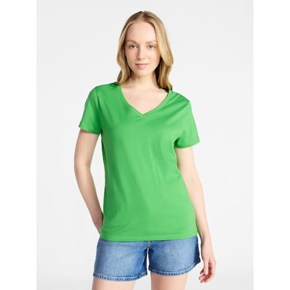 Time and Tru Women's Cotton V-Neck Tee with Short Sleeves, Sizes XS ...