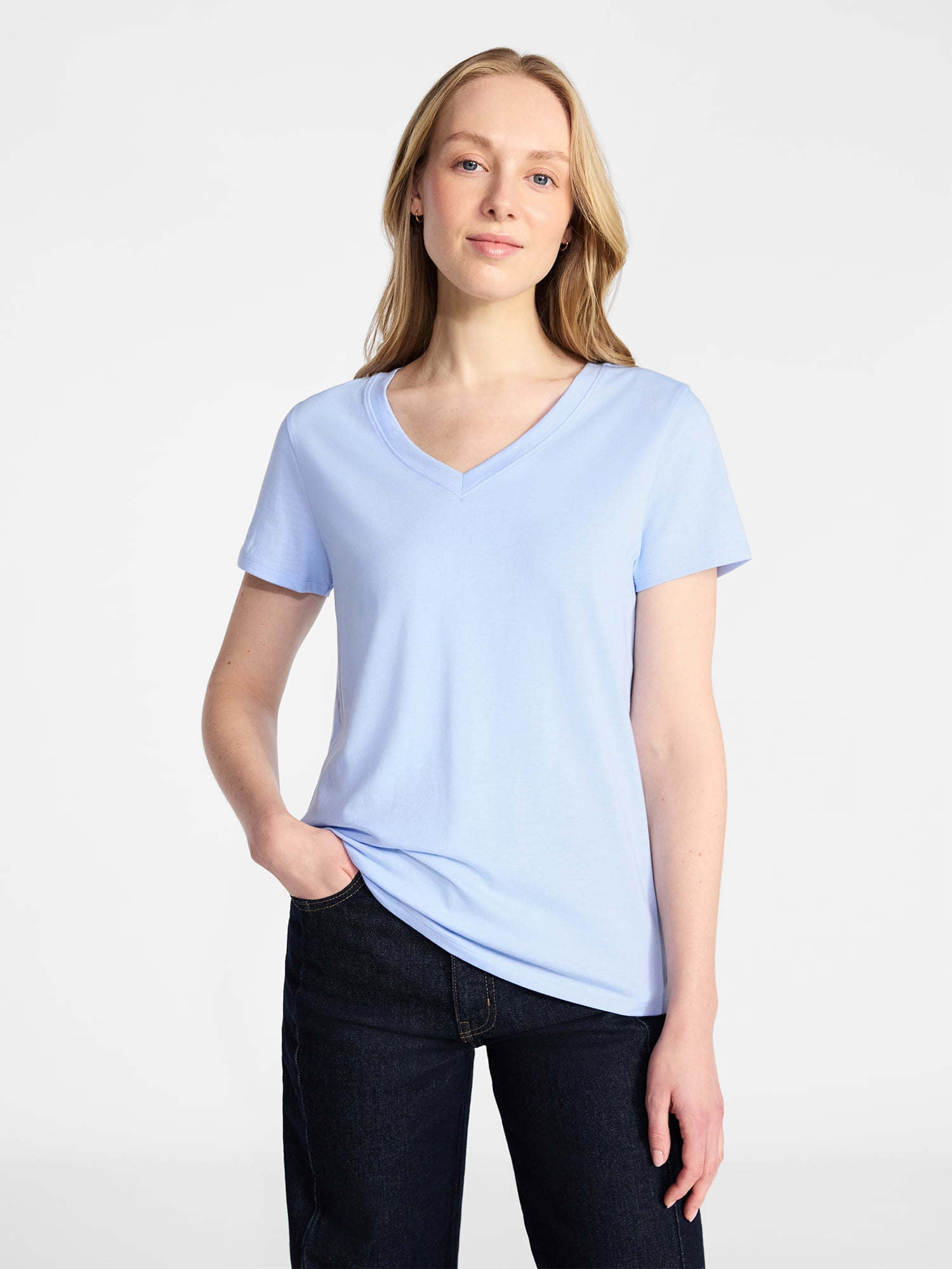 Time and Tru Women's Cotton V-Neck Tee with Short Sleeves, Sizes XS-4X ...