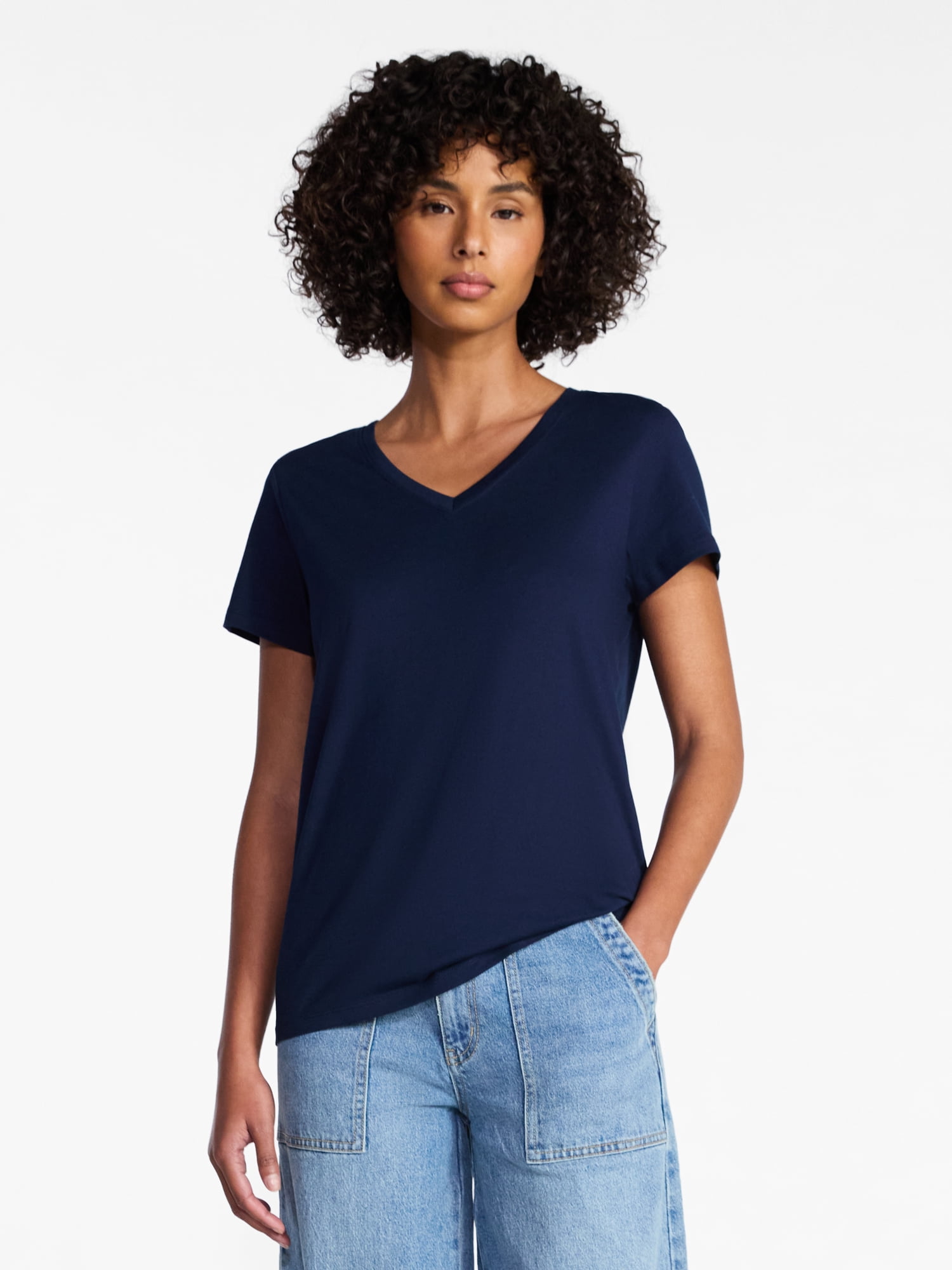 Time and Tru Women's Cotton V-Neck Tee with Short Sleeves, Sizes XS-4X ...
