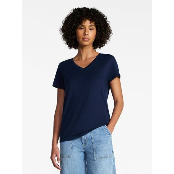 Time and Tru Women's Cotton V-Neck Tee with Short Sleeves, Sizes XS ...