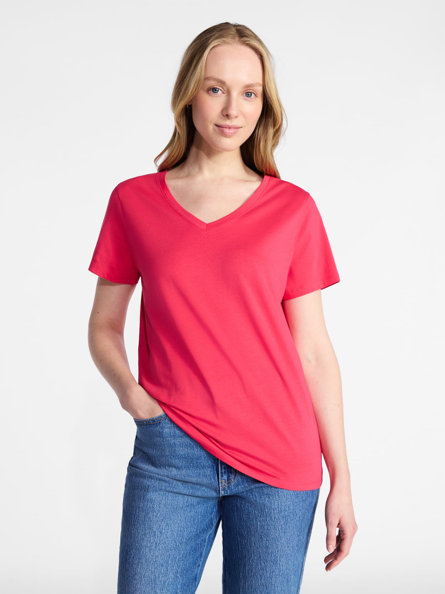 Time and Tru Women's Cotton V-Neck Tee with Short Sleeves, Sizes XS-4X ...