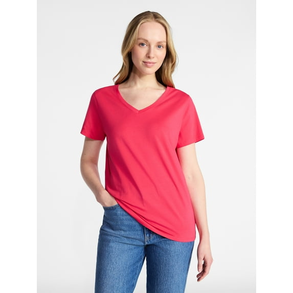 Time and Tru Women's Cotton V-Neck Tee with Short Sleeves, Sizes XS ...