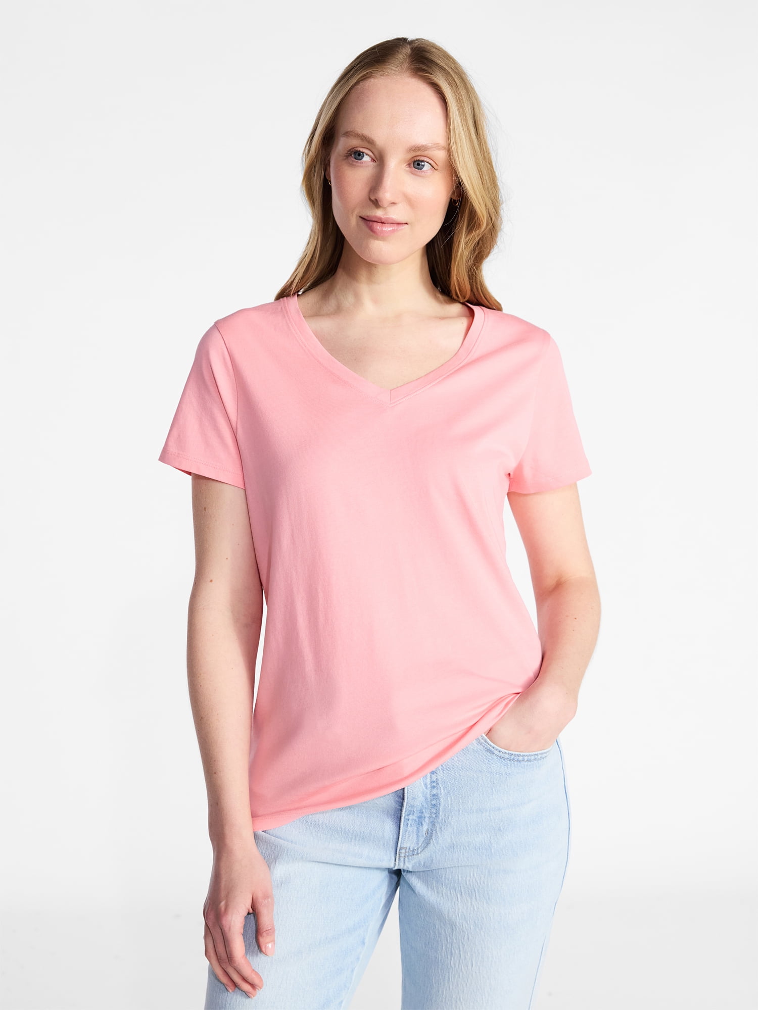 Time and Tru Women's Cotton V-Neck Tee with Short Sleeves, Sizes XS-4X ...