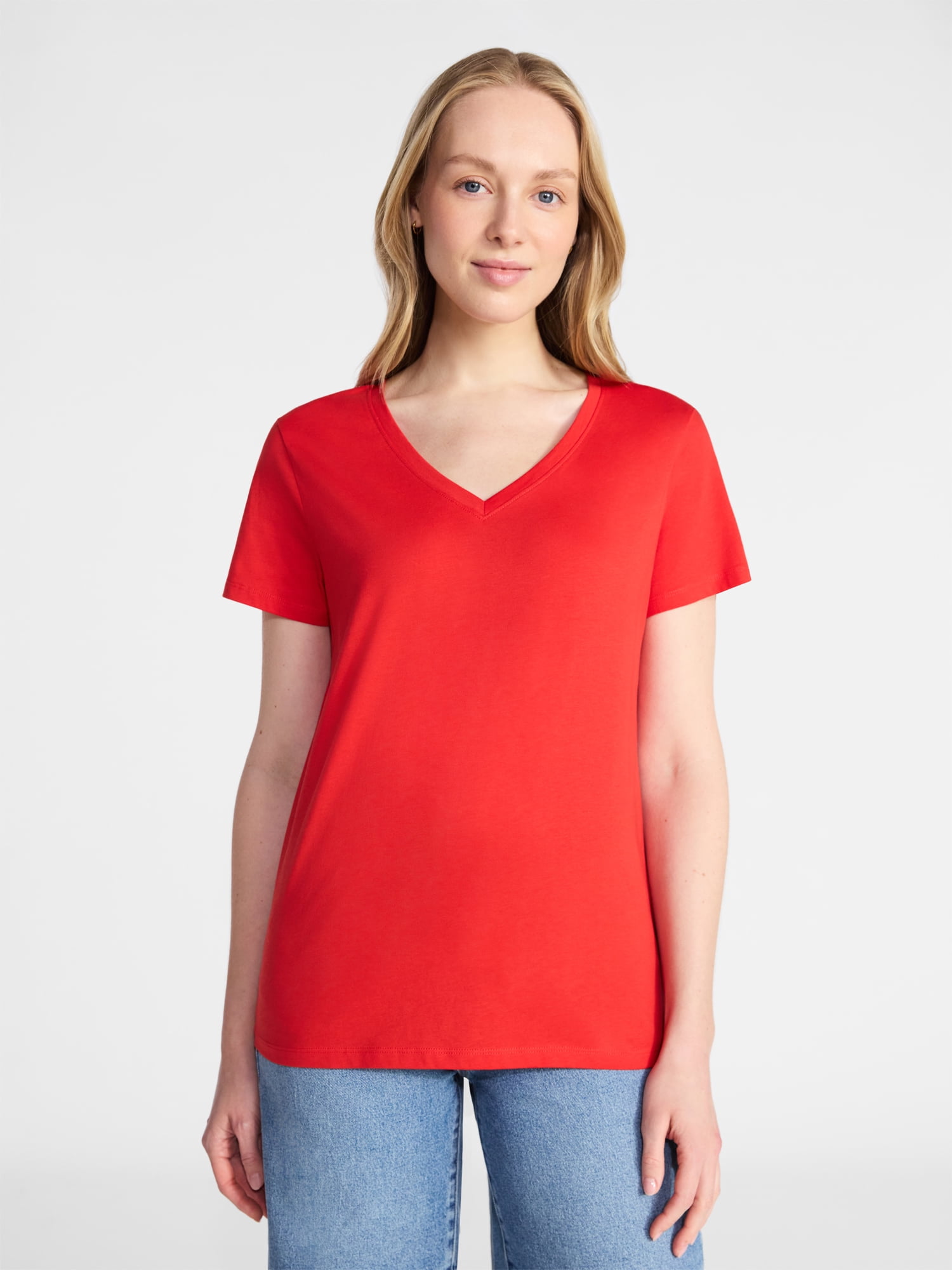 Time and Tru Women's Cotton V-Neck Tee with Short Sleeves, Sizes XS-4X ...